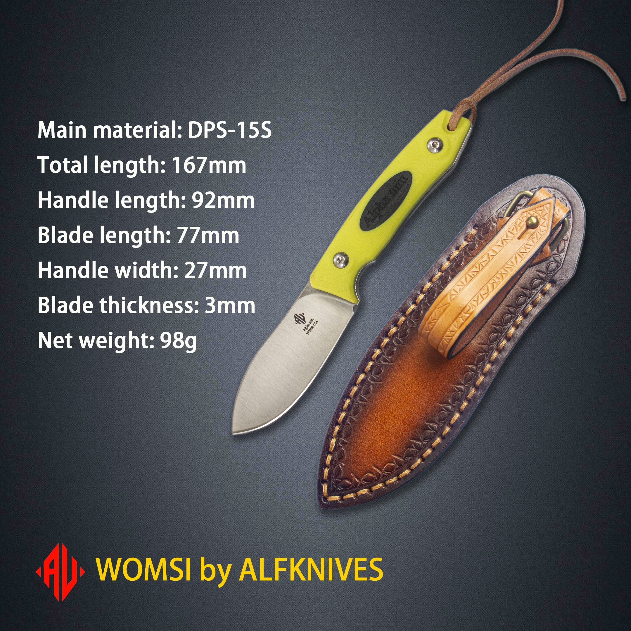 WOMSI Hunting Knife,Full Tang 6.57",DPS15-S Power Steel Blade,Sonorous&durable G10 Handle with Leather Sheath(Yellow)