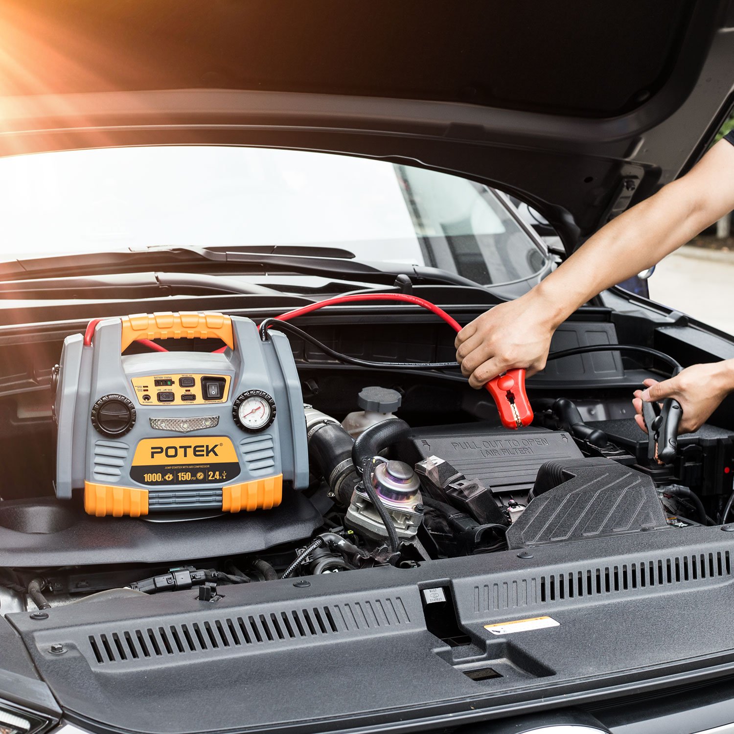 POTEK Jump Starter Source with 150 PSI Tire Inflator/Air Compressor,900 Peak Amps Power Station with 2.4A USB Port