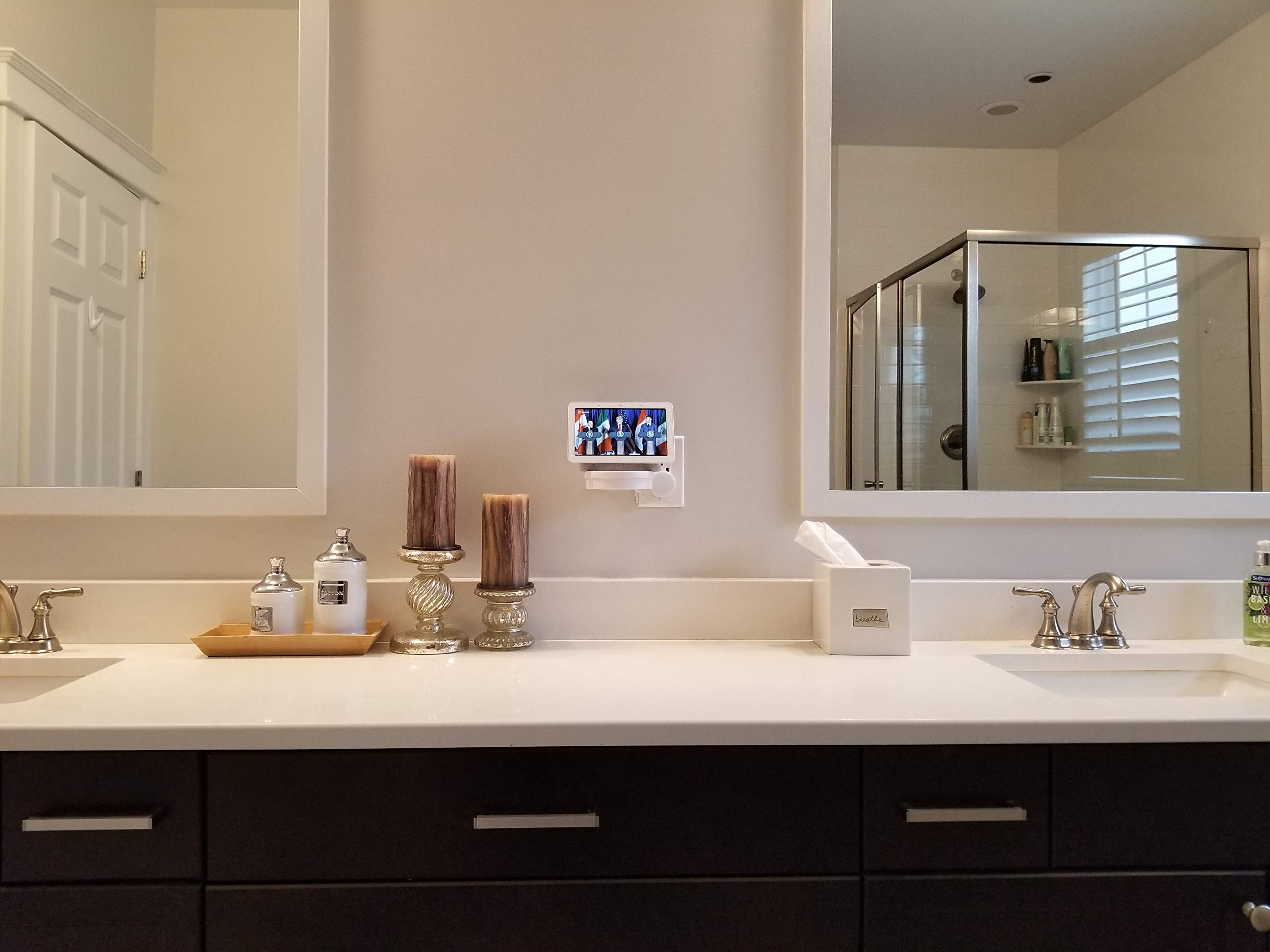 The Google Home Hub Nest Hub [Gen 1 and Gen 2] Mount for Electrical Outlets. Full Swivel. Installs in Seconds. Hidden Cord Storage. Award Winning Design. Works on All Vertical Outlets.