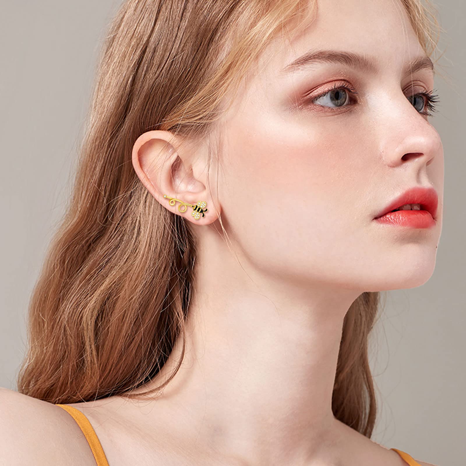 WTENIY Gold Plated Bumble Bee Earrings Jewelry for Women Sterling Silver Ear Climber Crawler Cuff Earrings