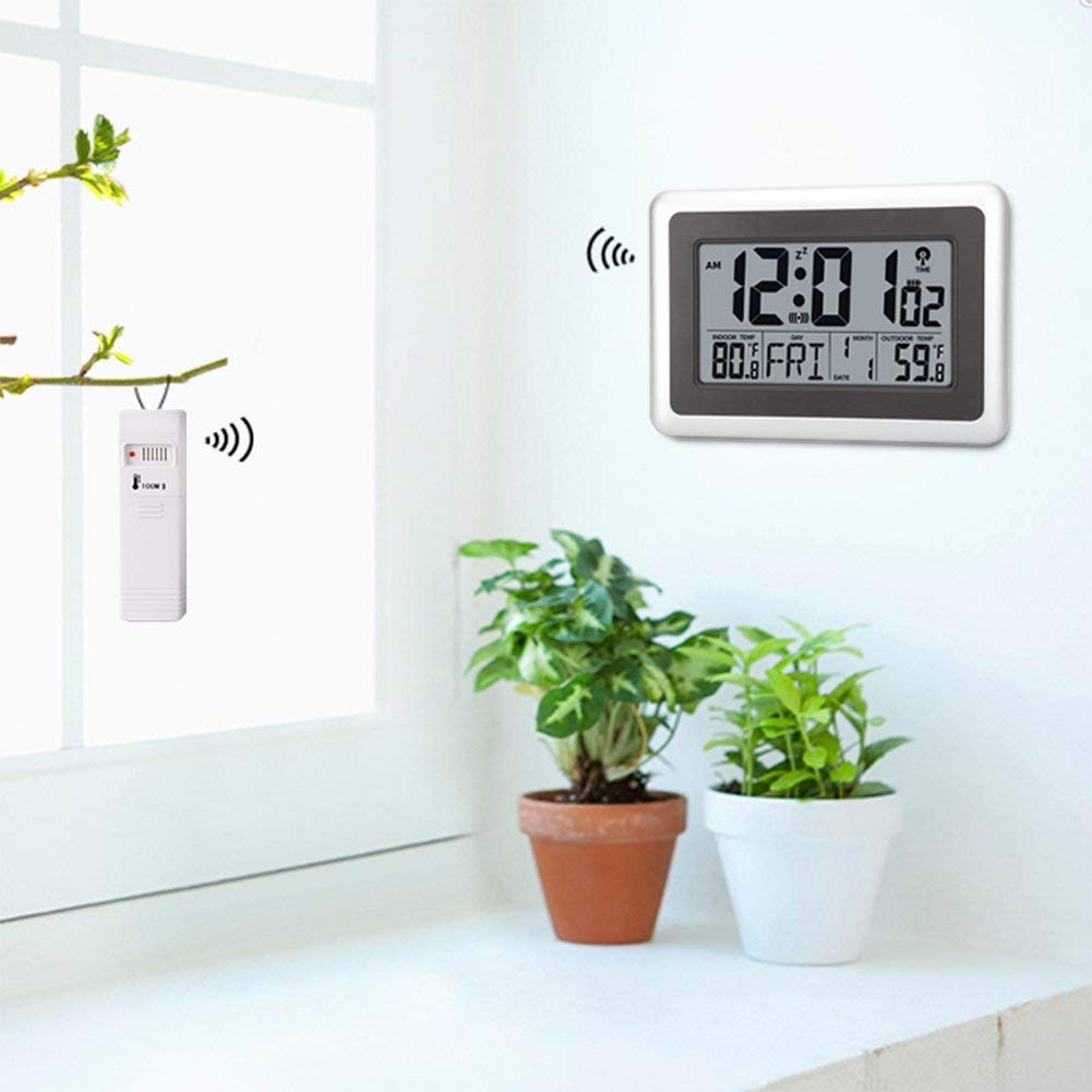 Ruan Atomic Wall Desk Clock Large Display with Indoor Outdoor Temperature Date Calendar, Digital Alarm Clock Battery Operated Without Backlight for Kitchen Bedroom
