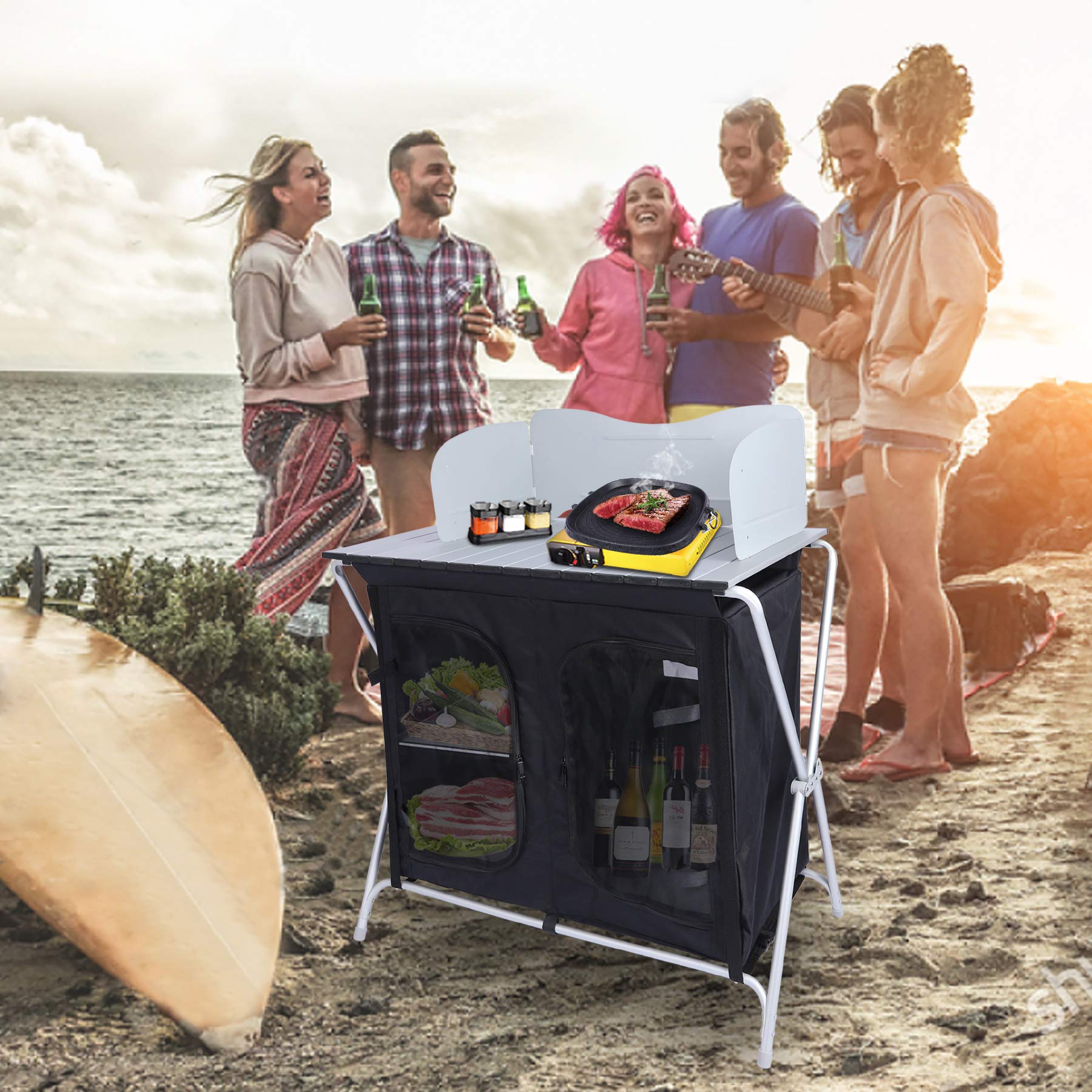 REDCAMP Aluminum Camping Table with Roll Up Table Top and Storage, Portable Folding Outdoor Grill Table for Picnic BBQ Cooking, Silver