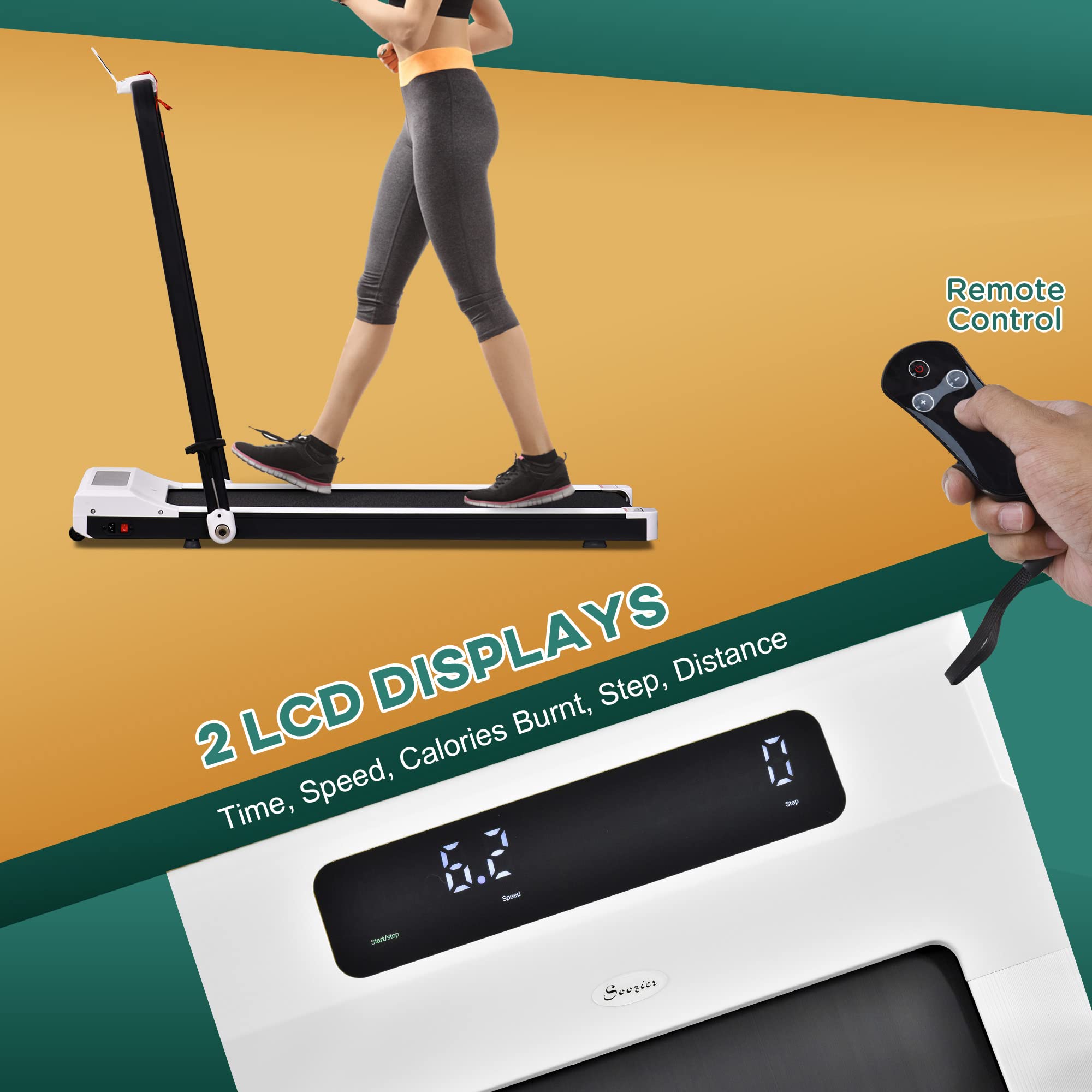 Soozier Folding Electric Treadmill, Low-Noise Walking, Jogging, Running Machine with 6.2 MPH Speed, LED Display and Remote Control for Home Gym Workouts, White