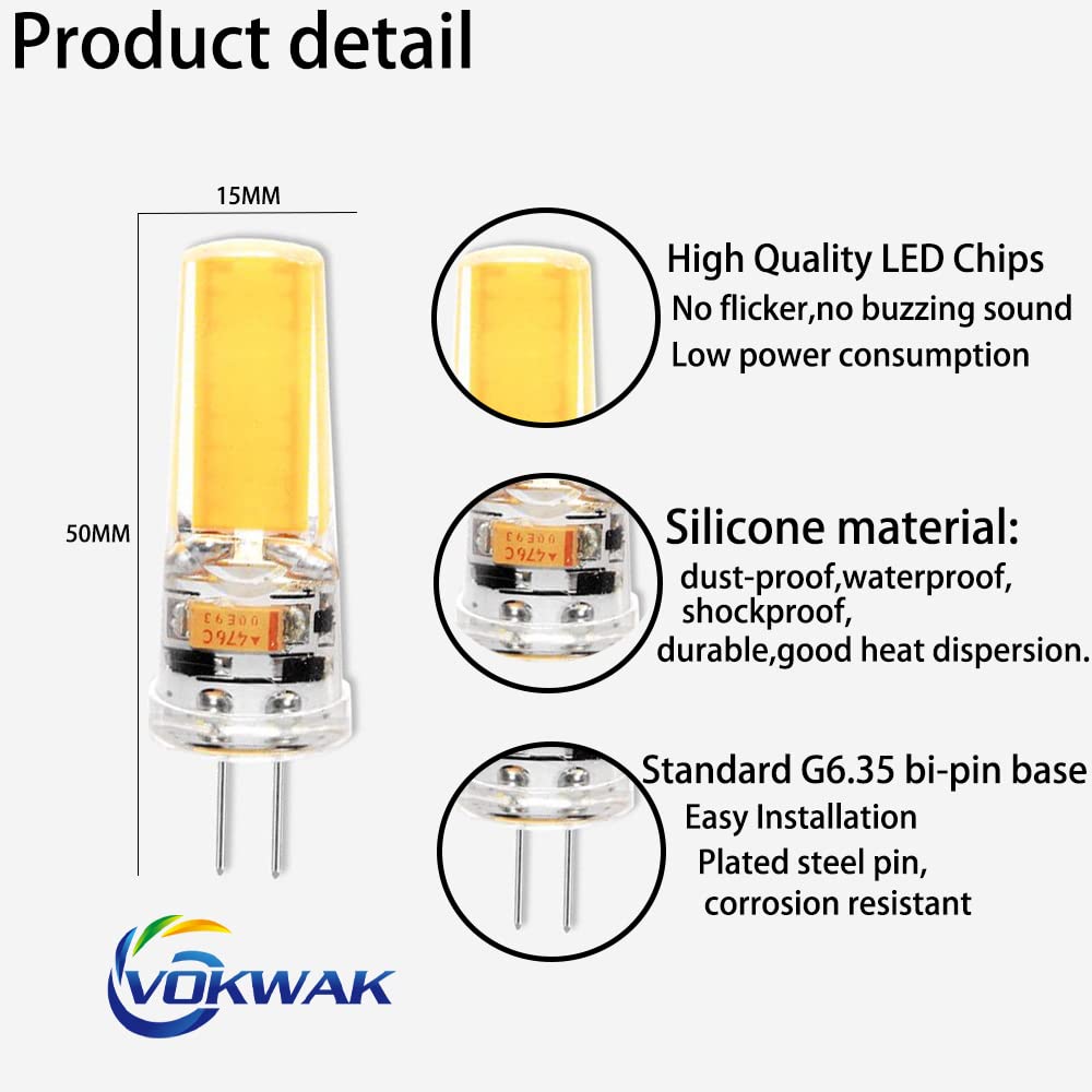 VOKWAK GY6.35 LED Bulb 12V AC/DC GY6.35 Bi-pin Base Silica Gel Crystal T4 JC Type 4W LED Bulb Dimmable 40W Halogen Bulbs Equivalent for Desk Lamp,Landscape Lighting (4-Pack Daylight White 6000K)
