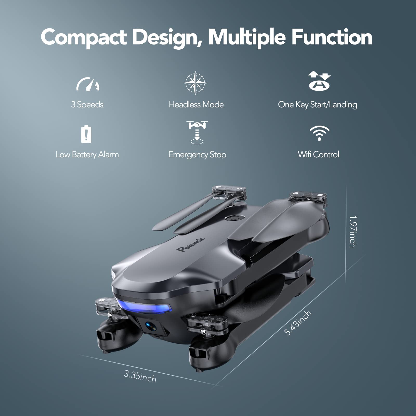 Potensic P4 Foldable Drone with Camera for Adults Beginners, FPV 1080P HD WiFi Remote Control Quadcopter with 40 Mins 2 Batteries, Altitude Hold, Gravity Control, Trajectory Flight, Headless Mode