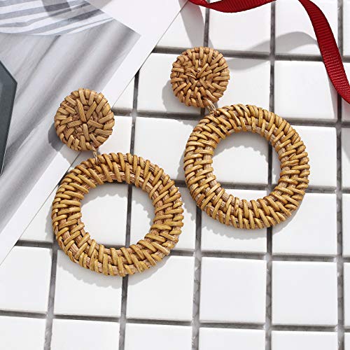 Rattan Earrings for Women Handmade Lightweight Wicker Straw Stud Earrings Statement Weaving Braid Drop Dangle Earring (Rattan Hoop)