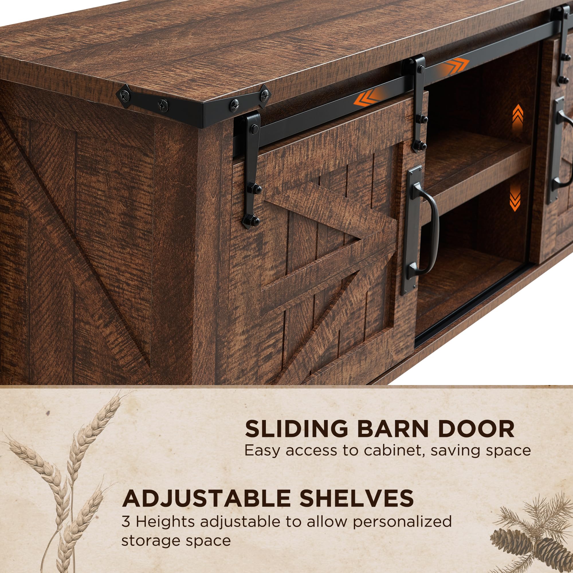 OKD Farmhouse Coffee Table, 48" Storage Center Table with Sliding Barn Doors, Rustic Wood Rectangular Cocktail Table with w/Adjustable Shelves for Living Room, Reclaimed Barnwood Color