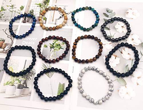 SONNYX 10 Pcs 8mm Semi-Precious Gemstones Bracelets Round Beaded Bracelets for Men Women Stone Crystal Stretch Beaded Bracelet Unisex