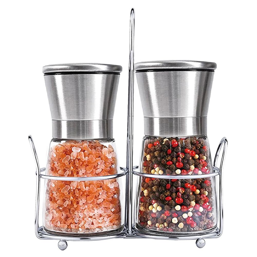 OIULO Salt and Pepper Grinder Set with Steel Base Tray, RefillablePepper Grinder Set - Brushed Stainless Steel - Short Glass Jar with Adjustable Coarseness for Grinding Pepper Grains, Salt or Spices