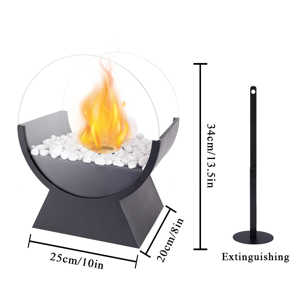 Round Glass Tabletop Fireplace 13.5" H Portable Fire Bowl Pot Clean Burning Bio Ethanol Ventless Fireplace for Indoor Outdoor Patio Parties Events(Black)