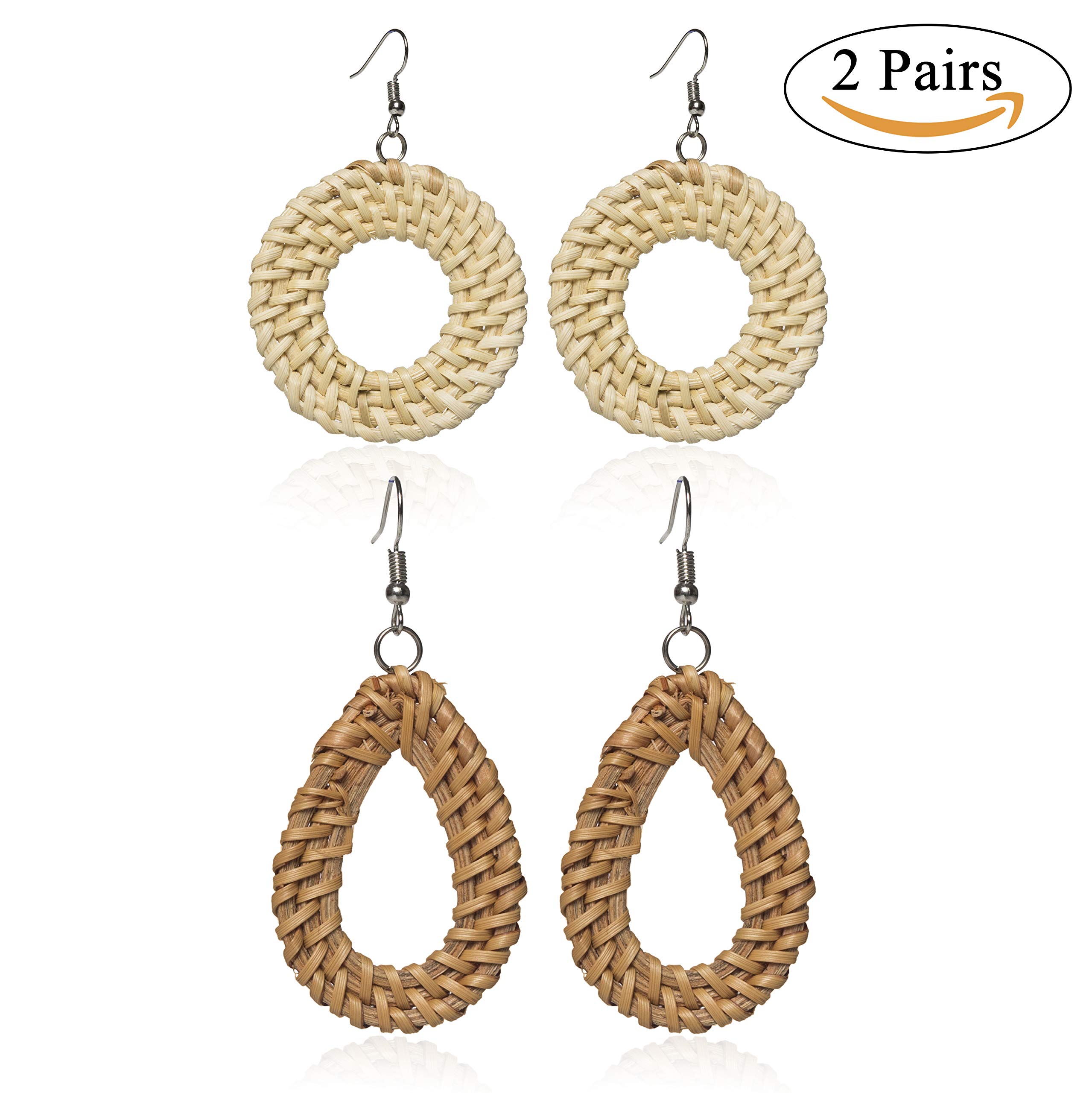Rattan Earrings Hoops For Women Large Woven Handmade Straw DIY Teardrop Circle Bohemian Style Clip Lightweight Disc Wickers
