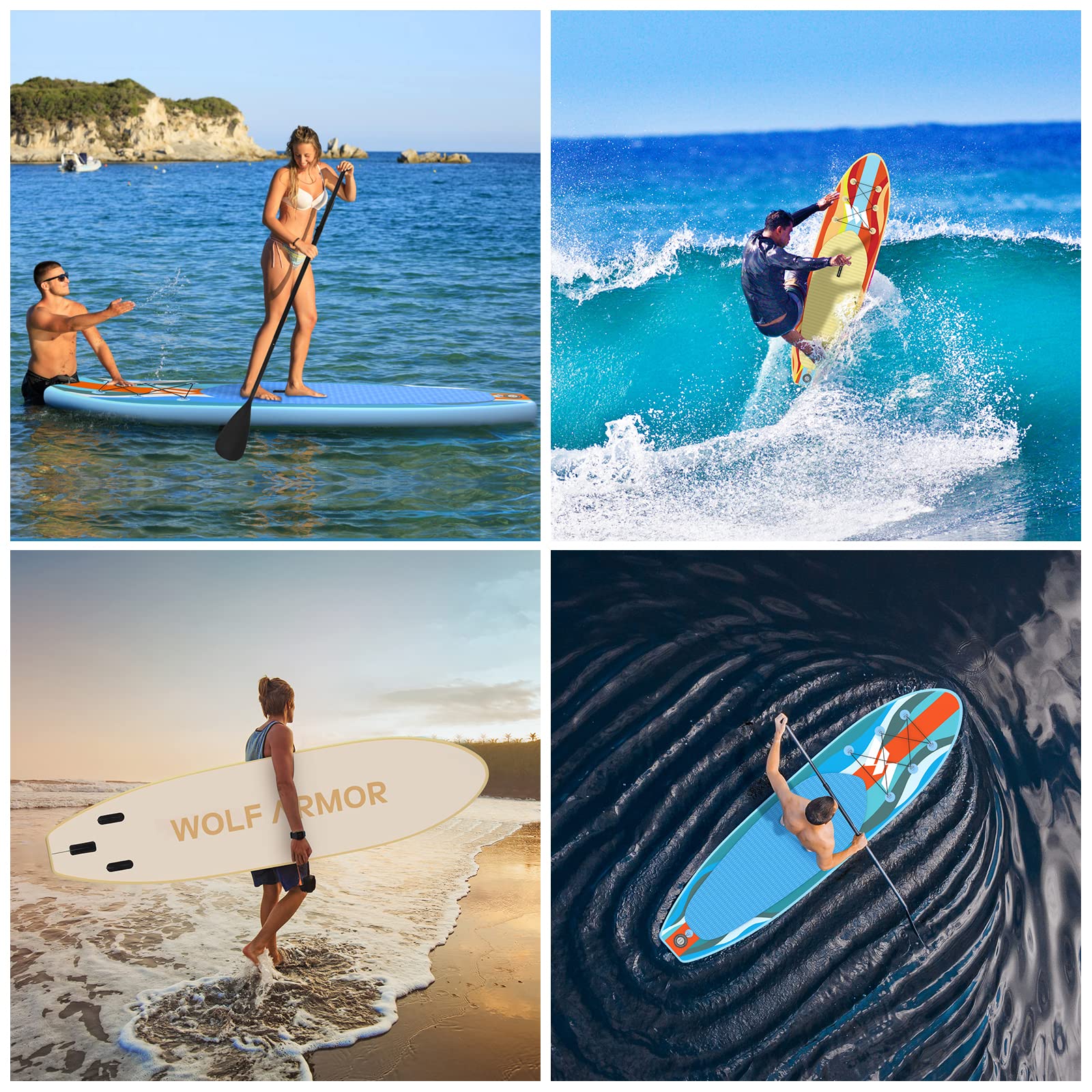 WOLF ARMOR Inflatable Stand Up Paddleboard with SUP Accessories&Backpack,Waterproof Bag,Adjustable Paddle, Removable Fin,Antislip Deck, Safety Leash, Hand Pump, Standing Boat for Youth and Adult