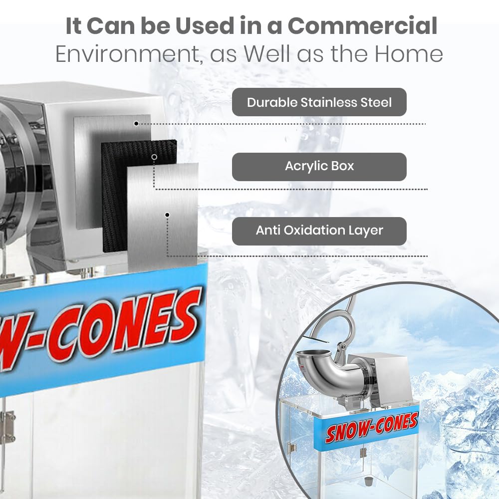 WYZworks Stainless Steel 440 lbs/hr Electric Ice Shaver Machine with Dual Blades 250W Ice Crusher Snow Cone Maker Machines w Acrylic Box for Home, Restaurants, Bars, Party