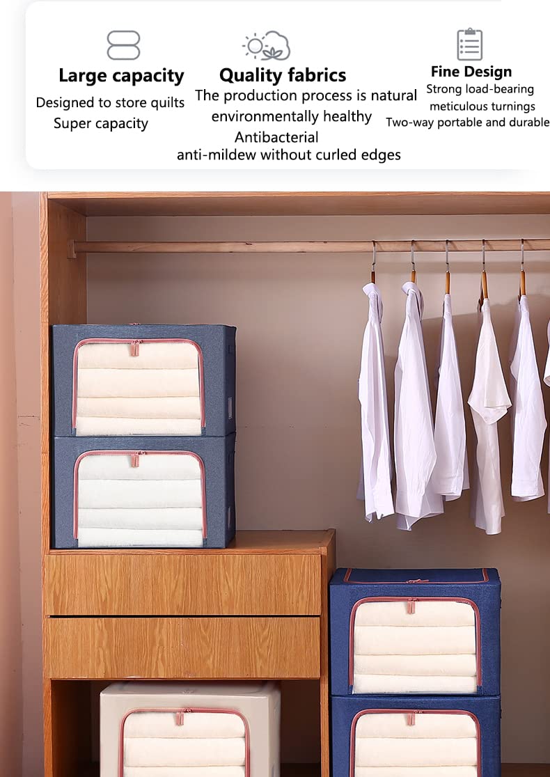 OJIMO 2 Pcs Foldable Clothes Storage Bins,Stackable Metal Frame Storage Box w/Reinforced Handle, Stackable Thick Linen Fabric Closet Organizer Set w/Clear Windows, Sturdy Zippers(15.4x11.4x7.9in)