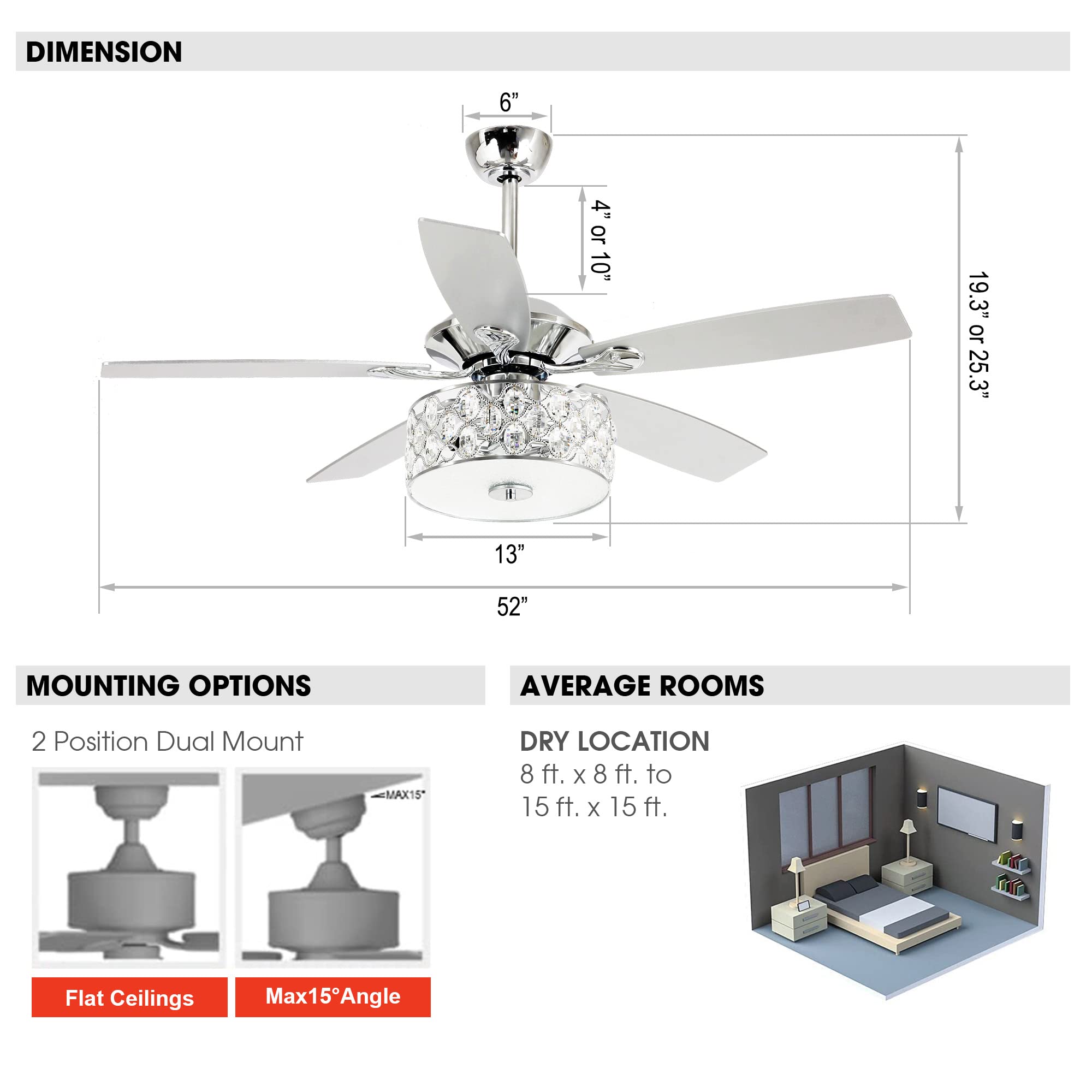 Parrot Uncle Ceiling Fans with Lights and Remote 52 Inch Chandelier Ceiling Fan with Light for Bedroom, Reversible Motor, 3 Speeds, Timer, Silver