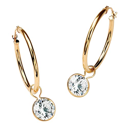 PalmBeach 10K Yellow Gold Round Cubic Zirconia Bezel Set Removable Charm Hoop Earrings (38mm)