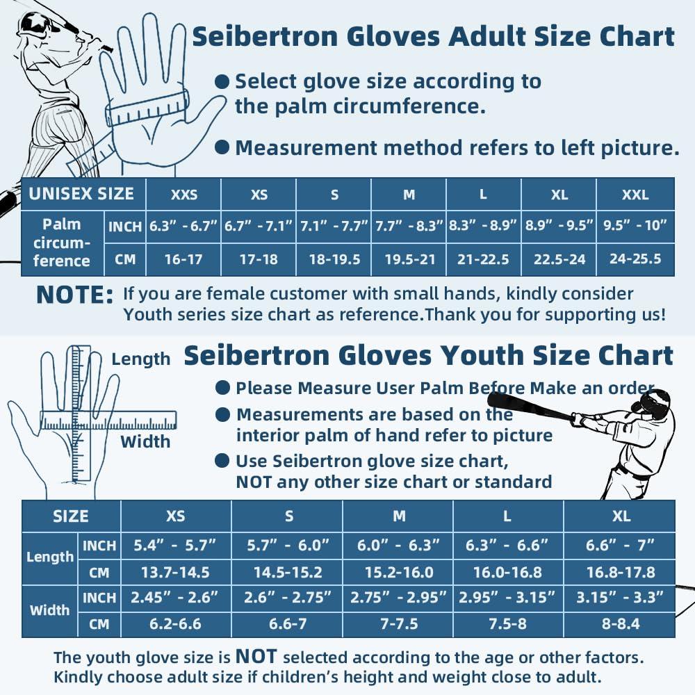 Seibertron S.P.B.G 2.0 Baseball/Softball Batting Super Grip and Protective Gloves Adult Black M