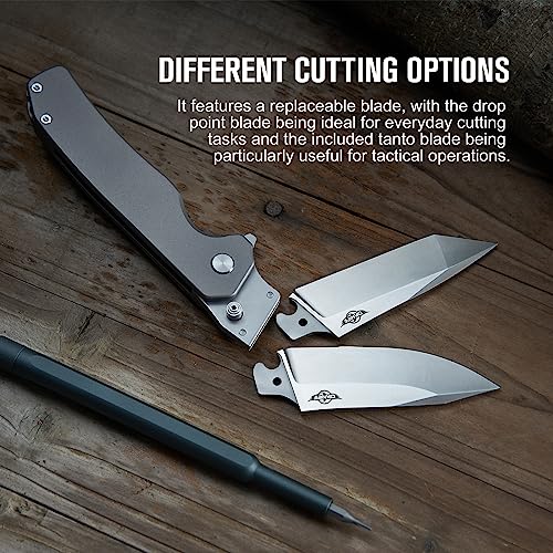 OKNIFE Freeze 4 Ti Folding Knife, Replaceable Blade EDC Pocket Knife with 154CM Stainless Steel Point Blade Tanto Blade, TC4 Titanium Alloy Handle and Frame Lock for Camping, Hiking
