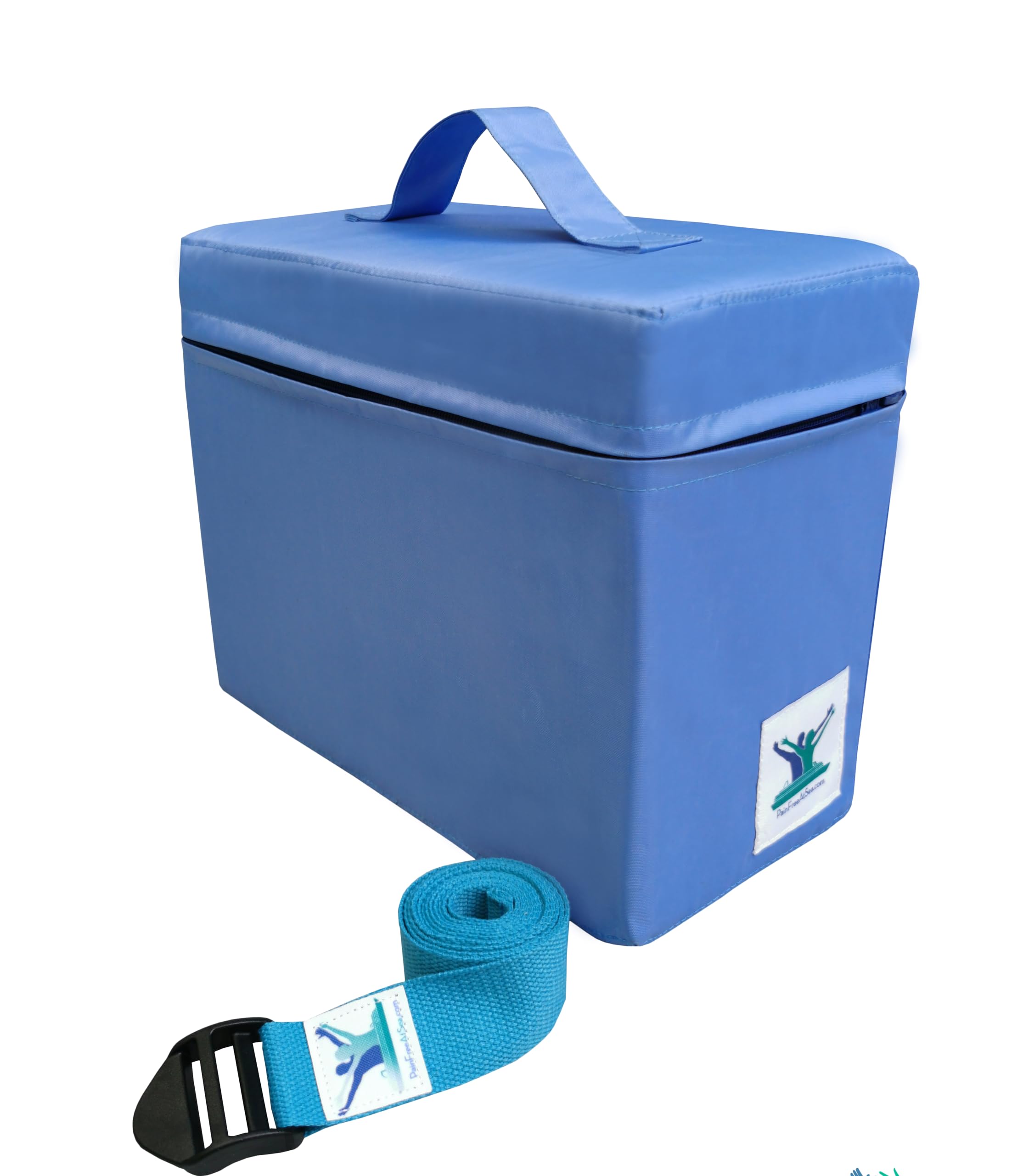 Pain Free-Posture SMALL Foam Block/Pillow & HEALING Aqua Strap/Yoga Belt Bundle-Record-Breaking Improved Egoscue Block- with practical Handle & Zipper- Waterproof- Best Belt with Plastic Strong Buckle
