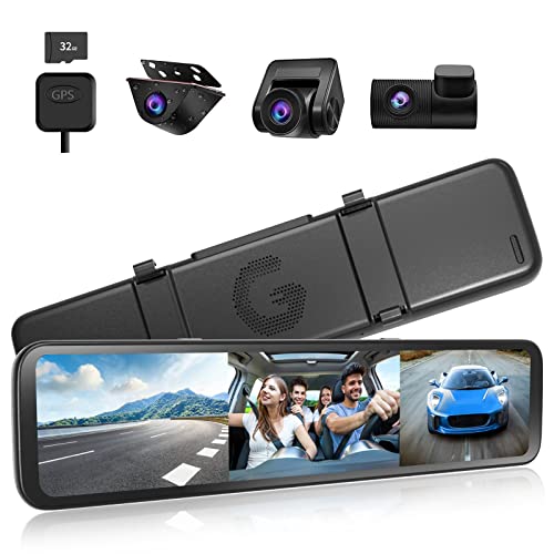 WOLFBOX 3 Channel Mirror Dash Cam 12" Full HD Touch Screen Backup Camera with Detached 1080P Front and Rear View Dual Recording Night Vision GPS Parking Assistance