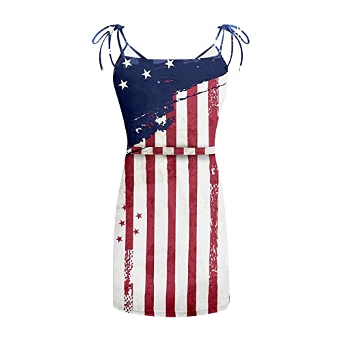 Tenworld Beach Women Summer Dress Independence Day Print Striped Spaghetti Strap Mini with Pocket Shirt Classy Party Red