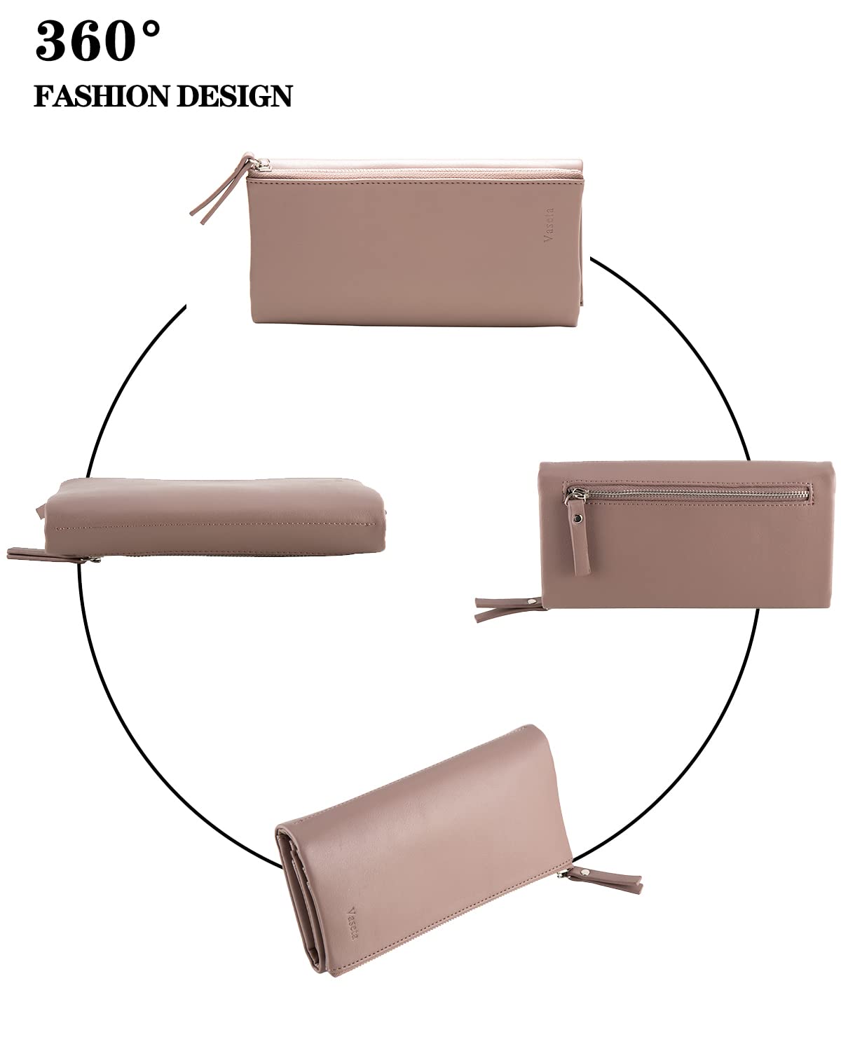 VASETA Wallets for Women Clutch Wallet RFID Blocking Leather Ladies Wallet Credit Cards Organizer with Zipper Pocket
