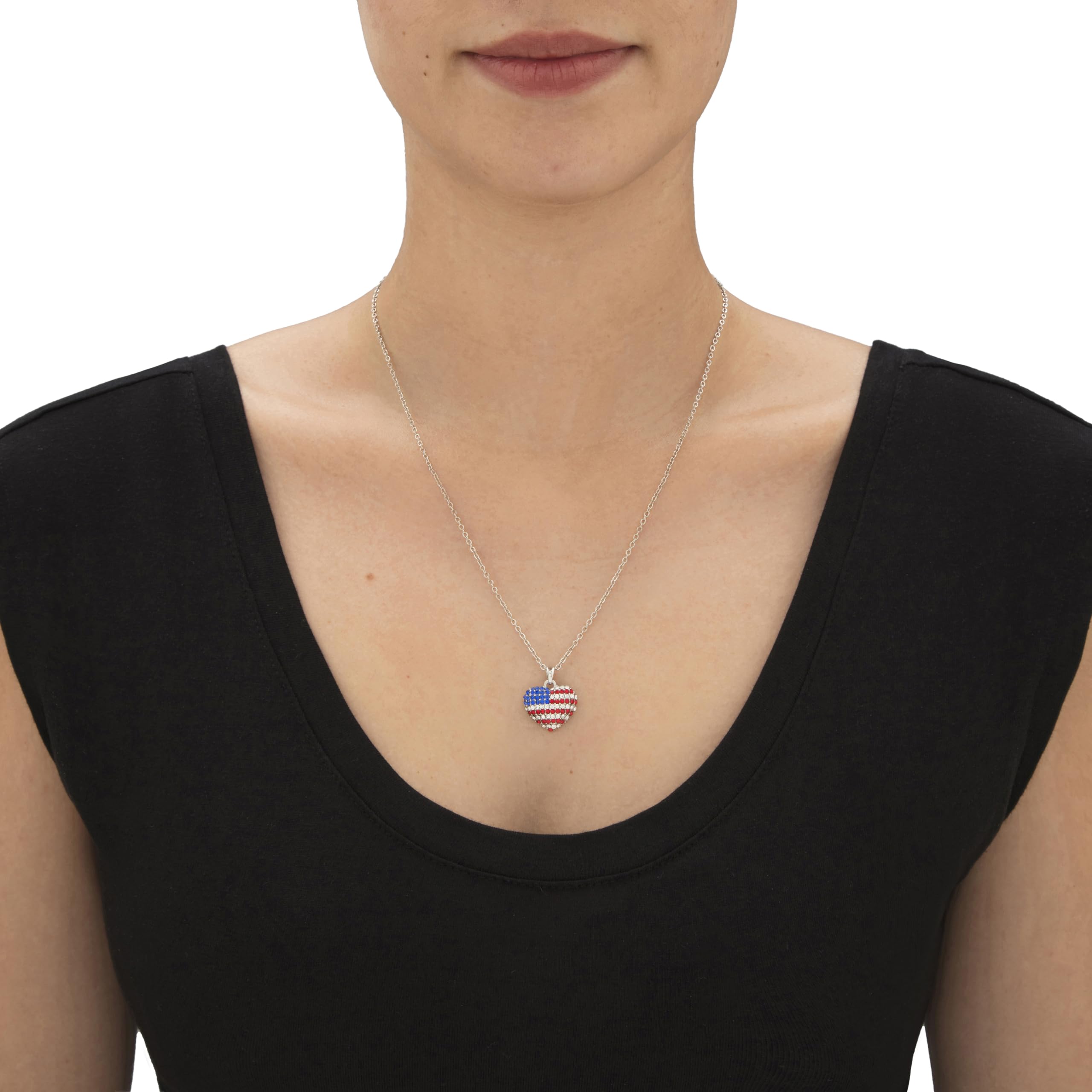 PalmBeach Silvertone Round Red White and Blue Crystal American Flag Heart Pendant (16mm) with 18 inch Chain