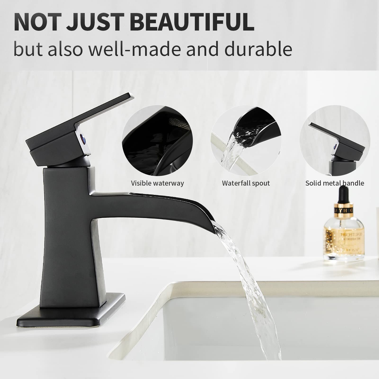 Sanliv Black Waterfall Bathroom Faucet, One-Handle Bathroom Faucets for Sink 1 or 3 Hole, Matte Black Vanity Faucet, Single Hole Restroom Sink Faucet with Pop Up Drain