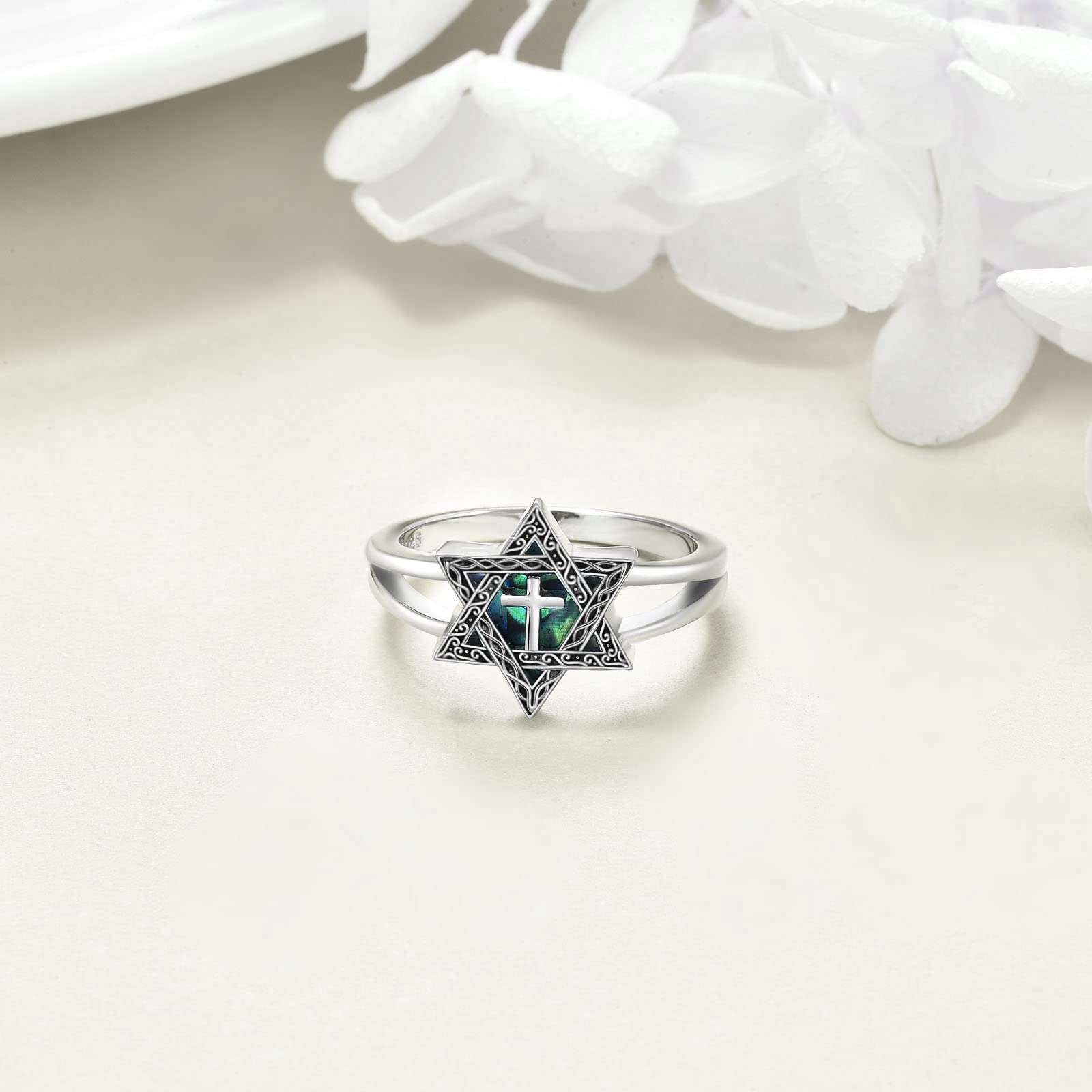 Star of David Ring for Women Sterling Silver Cross Abalone Shell Jewish Jewelry 7 (cross 7)