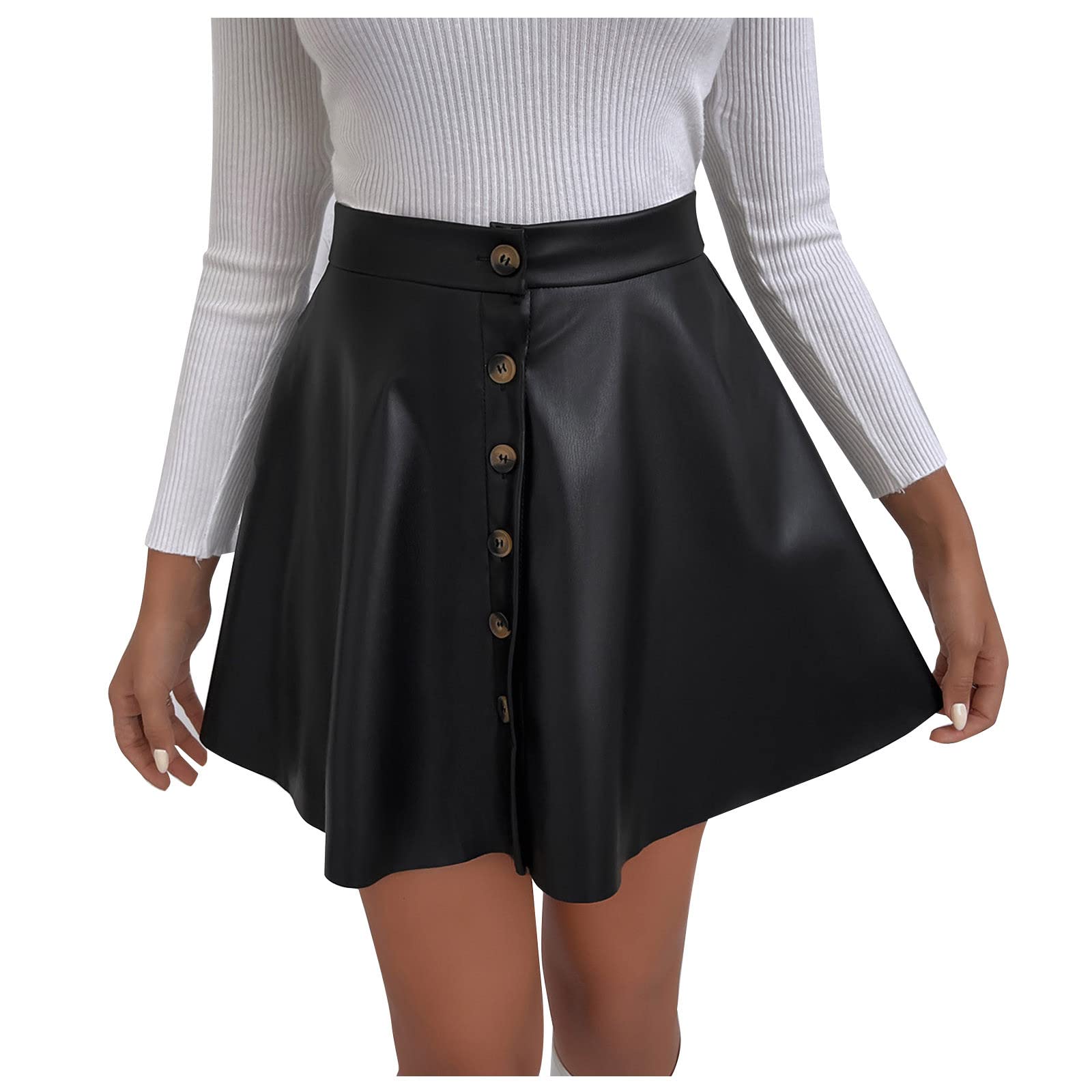 Tenworld Long Sleeve Women's Sexy Skirt High Waist Button Front Corduroy Flare Lattice Printed A Line Short Mini Elegant Black