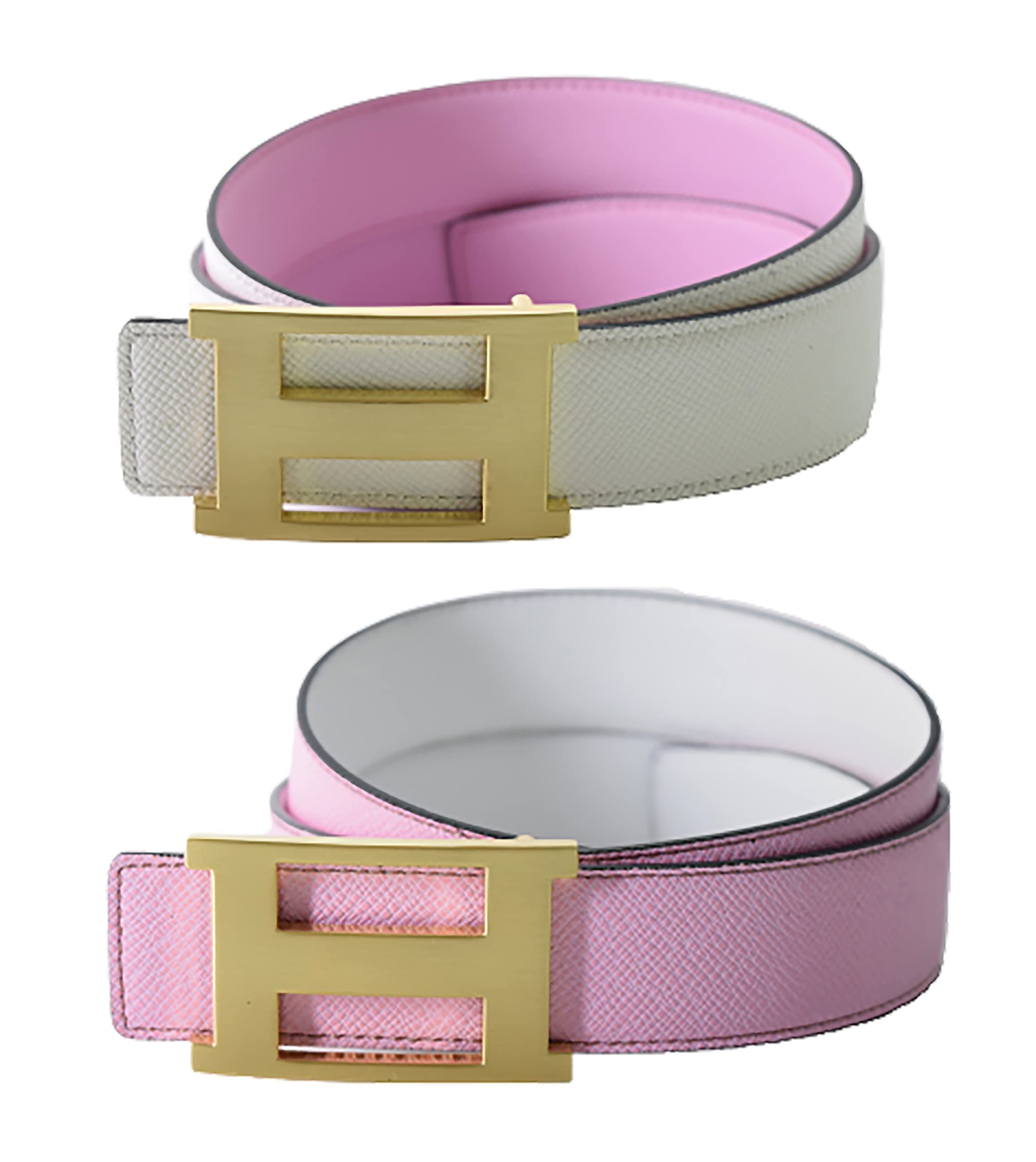 Unisex Genuine Leather Casual Dress Belt with Buckle and Reversible Strap - Pink white, Gold Buckle