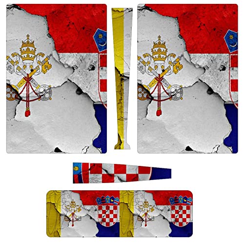 Vatican and Croatia Flag on Cracked Wall Full Protective Skin Cover Design Wrap Decal Sticker Compatible with PS5 Digital Edition Console and Controller