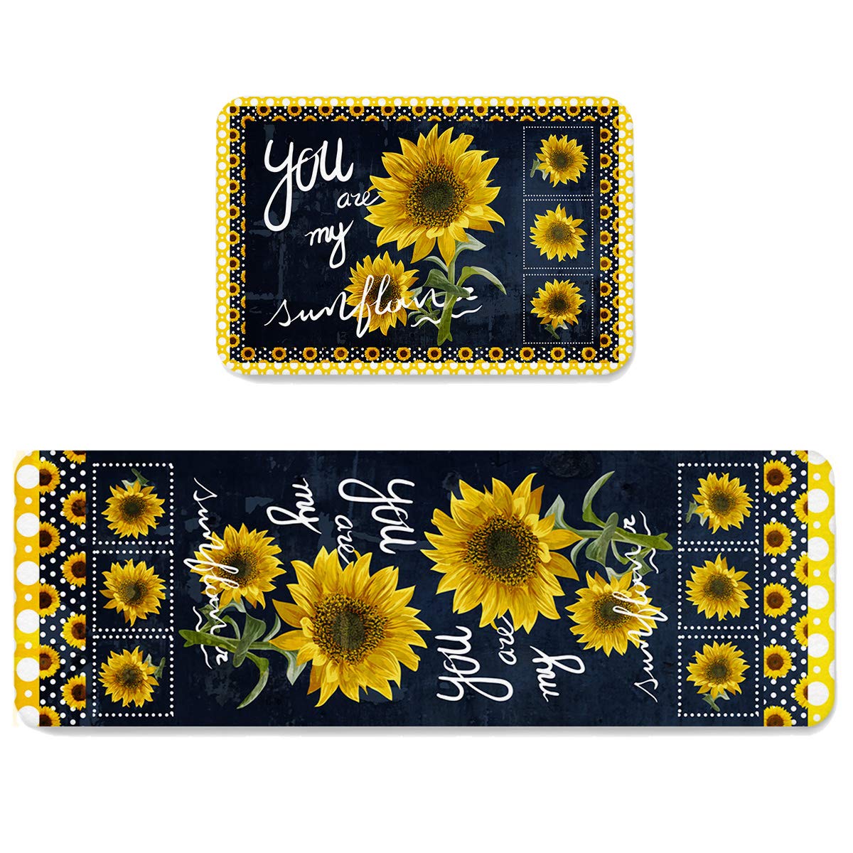 Sunflower Kitchen Rugs and Mats Set of 2 Area Runner Farm Floral Floor Bath Rugs Comfort Soft Standing Doormat Non Slip Carpet Black and Yellow