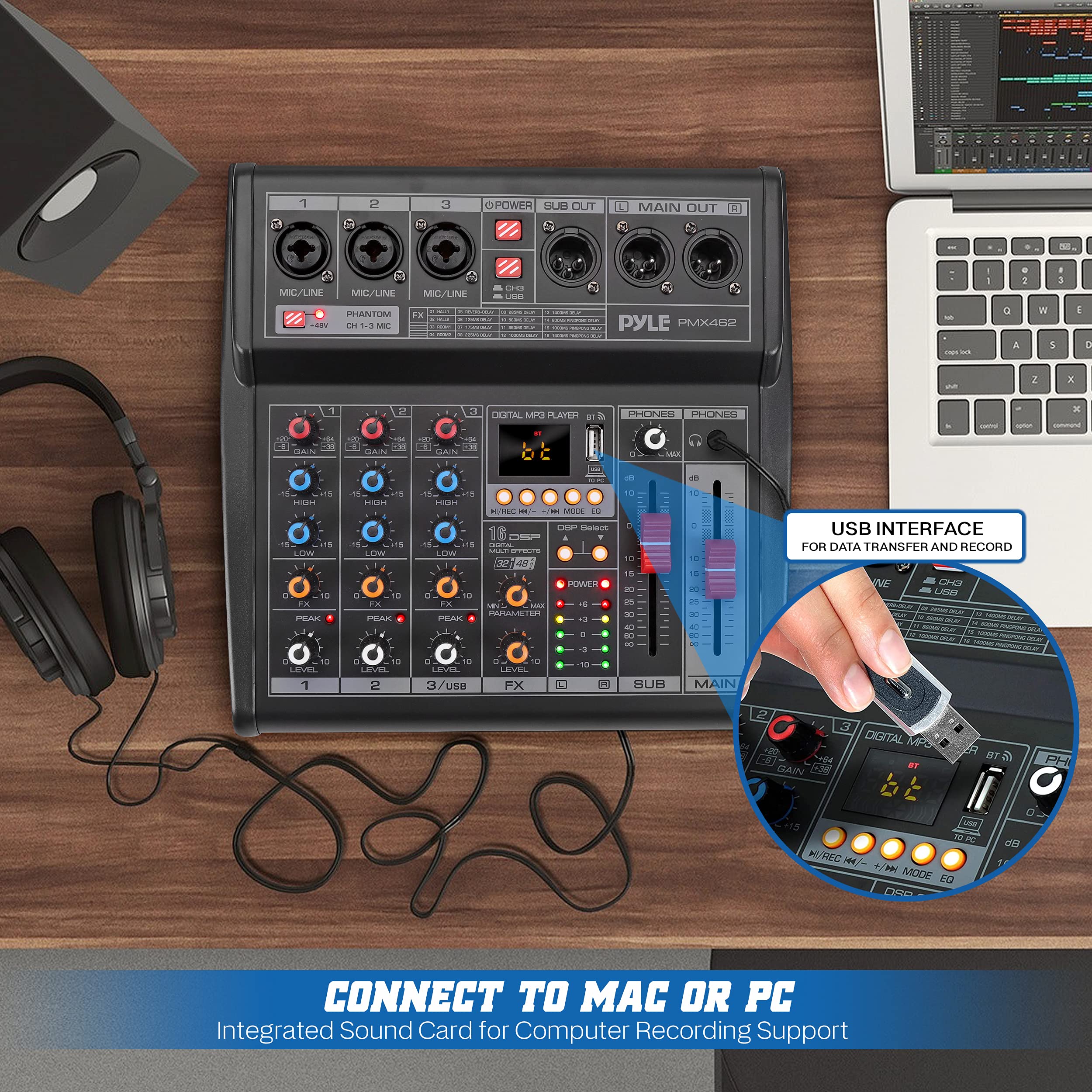 Pyle Professional Bluetooth DJ Audio Mixer - 3 - Channel DJ Controller Sound Mixer w/DSP 16 Preset Effects, USB Interface, 3 Mic/Line Input, Built-in FX Processor MP3 Player, Headphone Jack -PMX462
