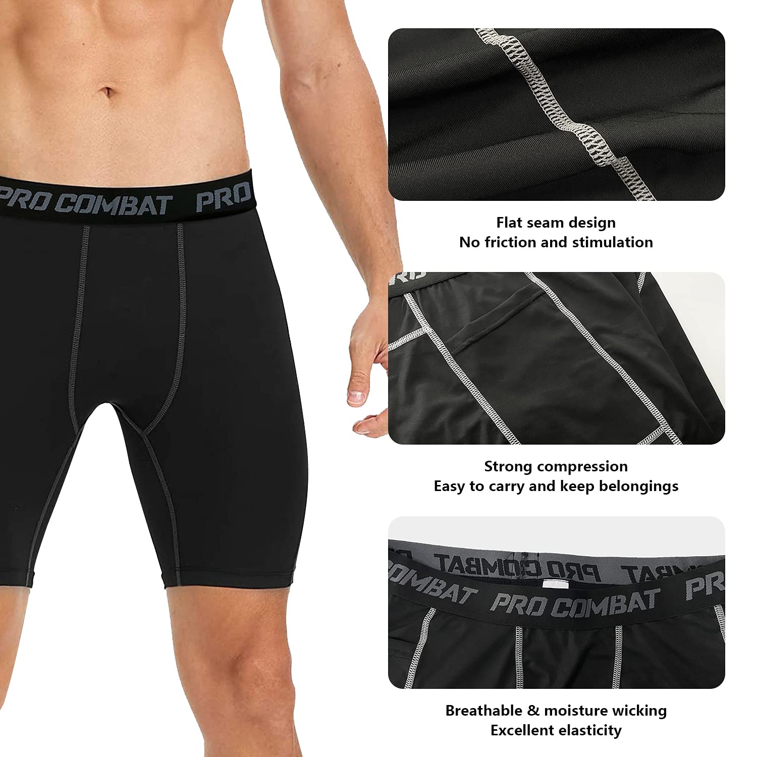 SENZE Compression Shorts Men's 3 Pack with Pocket Running Short Men's Gym, Workout, Cycling, Yoga, Climbing, Swimming, Black, X-Large