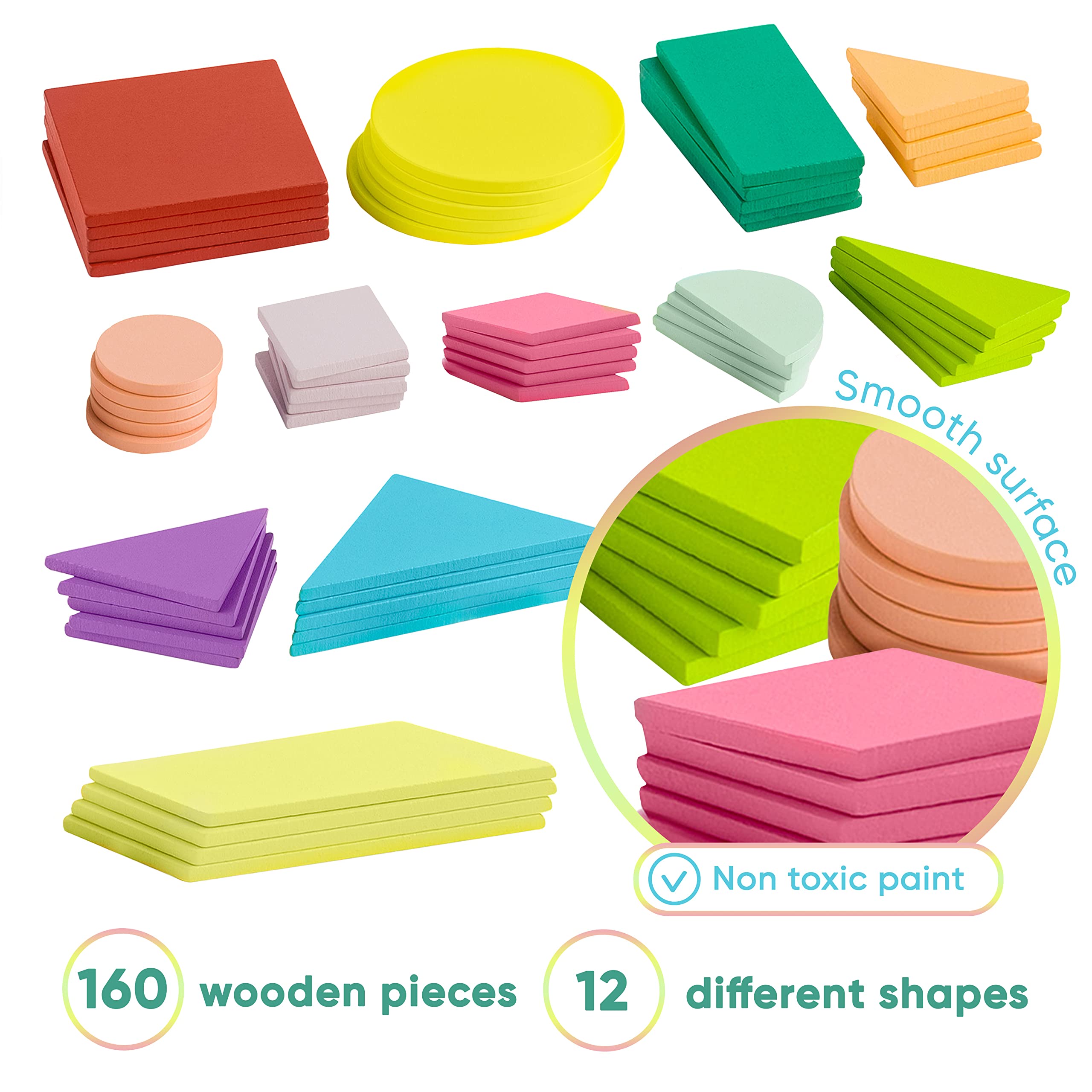 Wooden Pattern Blocks - Build Out Scenes Step by Step with Illustrated Guide Book or Using Imagination -Fun Montessori Toys for 3+ Year Old-Tangram Shapes Puzzle 160 Pieces - Learning & Education Toys