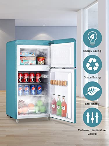 WANAI Compact Refrigerator 3.2 Cu.Ft Retro Mini Fridge with Freezer Dual Door Small Refrigerator with 7 TEMP Modes, LED Lights, Removable Shelves, Ideal for Bedroom Dorm Office Apartment