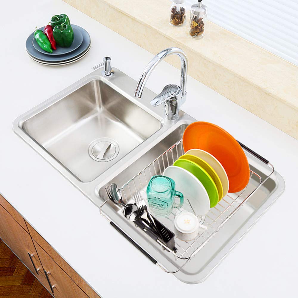 SANNO Expandable Dish Drying Rack Over The Sink Dish Drainer Kitchen Sink Grate Sink Protector for Kitchen Sink, Stainless Steel