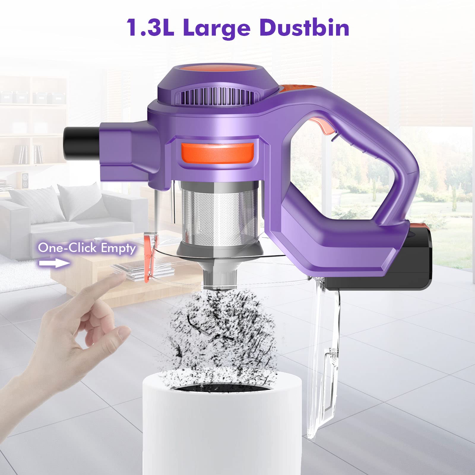 Tocwon Cordless Vacuum, 24KPa Stick Handheld Vacuum Cleaner with 250W Brushless Motor, 4 in 1 Lightweight Vacuum Cleaner with 2 in 1 Brus Purple & Orange