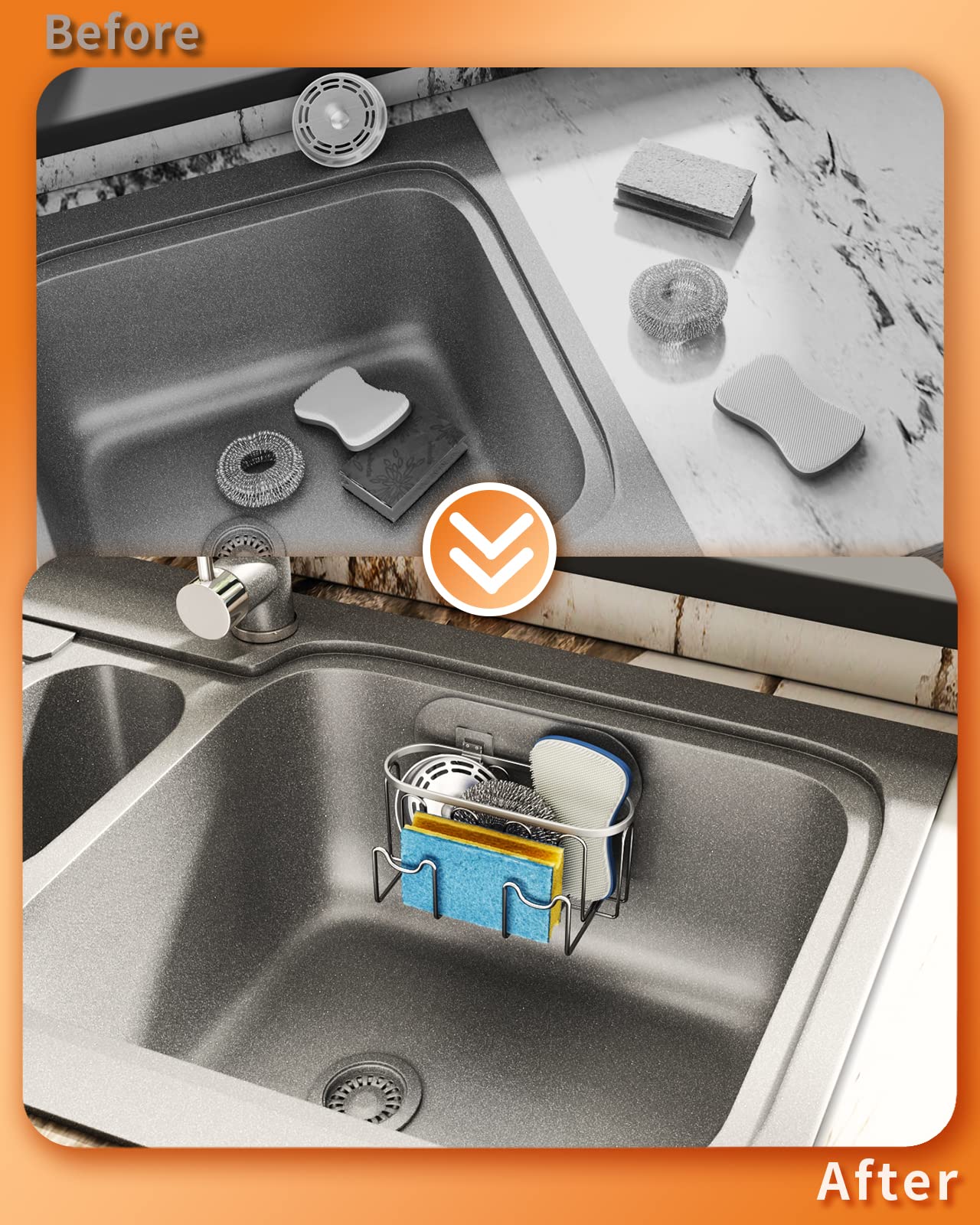 SWTYMIKI Sink Sponge Holder With Double Hook, Stainless Steel Sink Caddy Kitchen Sink Organizer Multifunctional Rustproof Kitchen Sponge Holder for Kitchen Sink Accessories, Silver