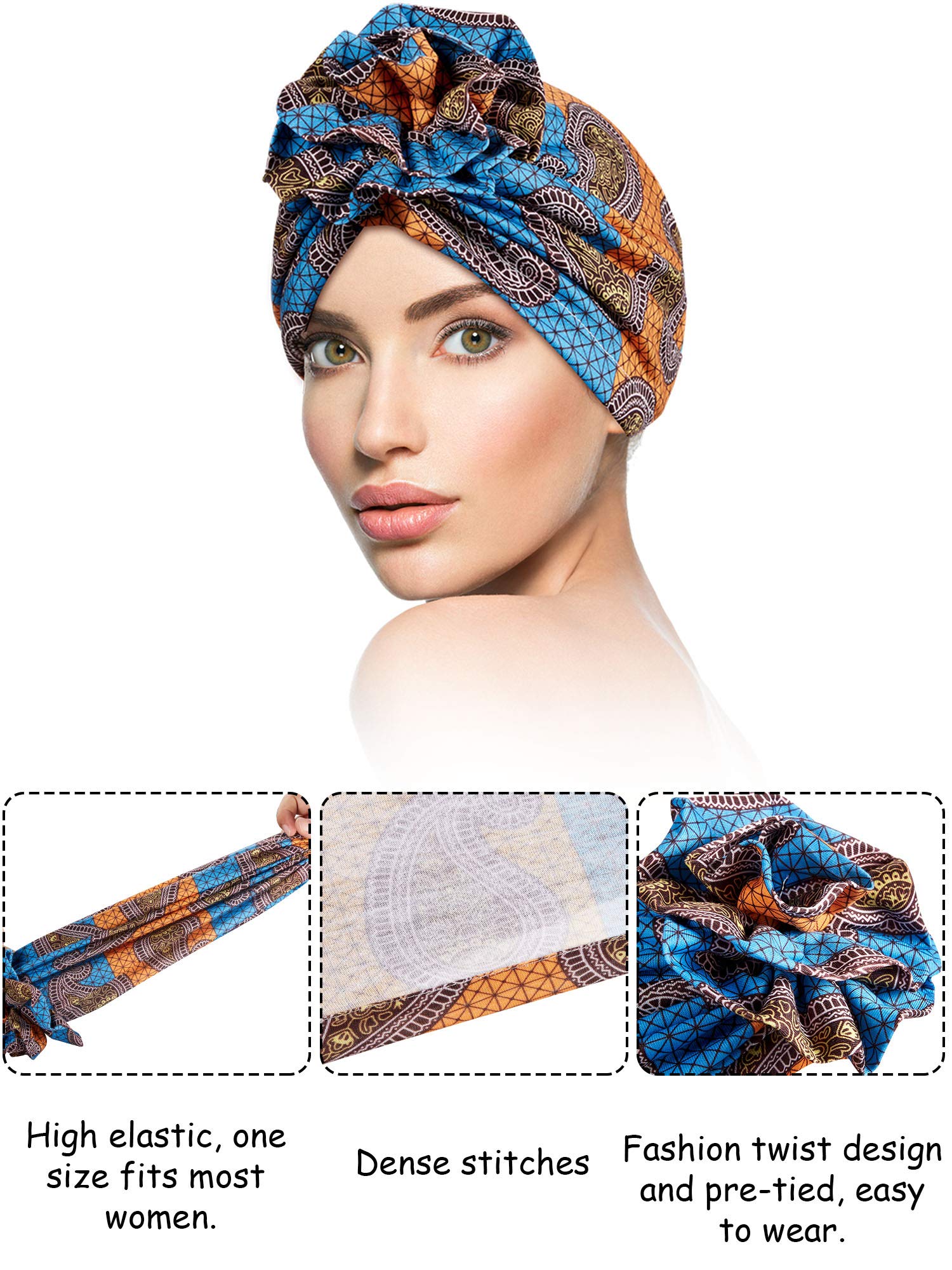 Syhood 9 Pieces African Turban Cap Flower Pattern Headwrap Elastic Knot Pre-Tied Bonnet Beanie Hat for Women Colorful