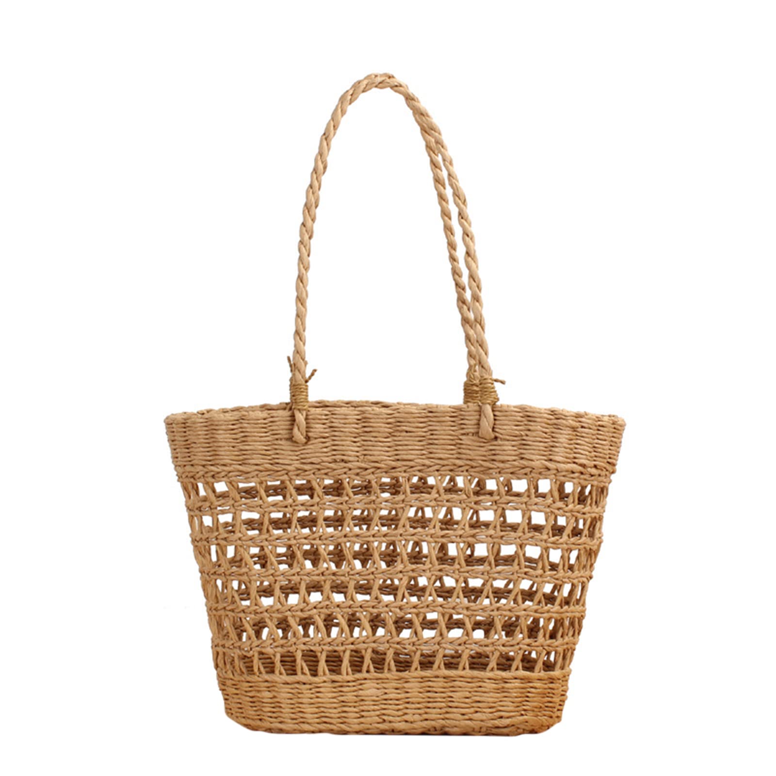 Women Beach Tote Bag, Plain Woven Hollow-Out Straw Beach Crochet Tote Bag Purse Straw Handbag (Camel, One Size)