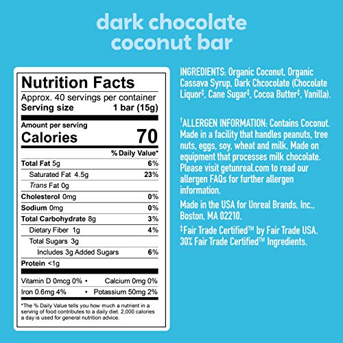 UNREAL Dark Chocolate Coconut Bars (40 Mini Bars) | Vegan, 3g Sugar, & 3 Simple Ingredients | Non-GMO, Gluten Free, & Fair Trade | .53oz each