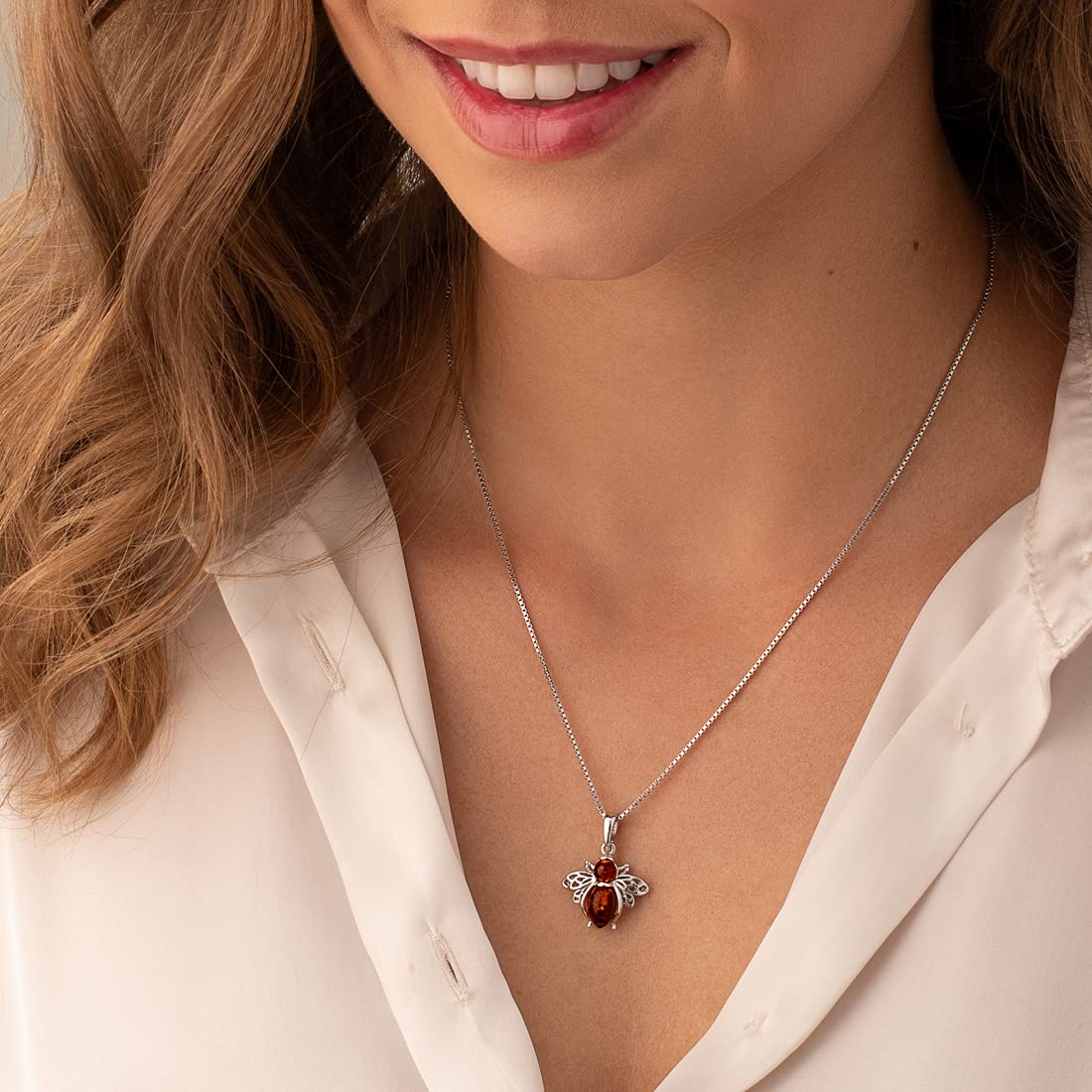 PEORA Genuine Baltic Amber Bee Pendant Necklace for Women 925 Sterling Silver, Rich Cognac Color, with 18 inch Chain
