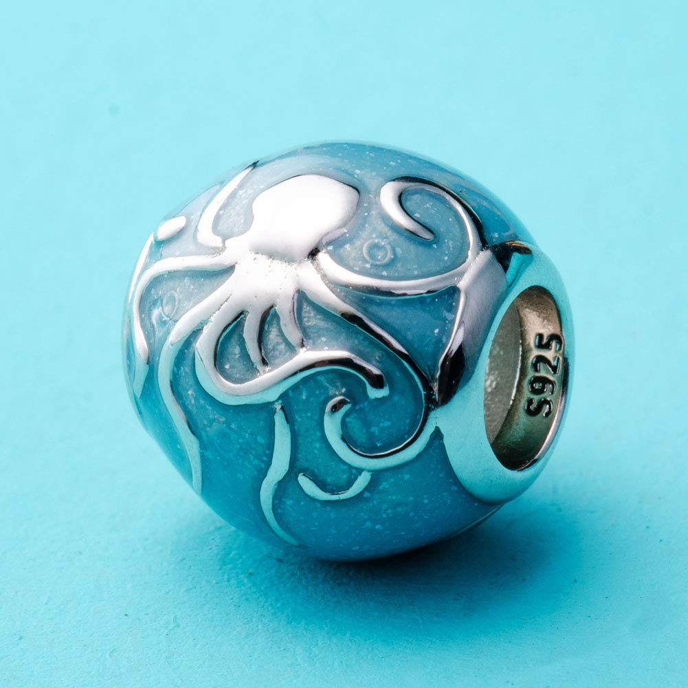 Sea Turtle Charms Ocean Animal Charm 925 Sterling Silver Octopus Dolphin Starfish Beads Hawaii Summer Tropical Marine Life Charm for Women Gift (Octopus Beads)