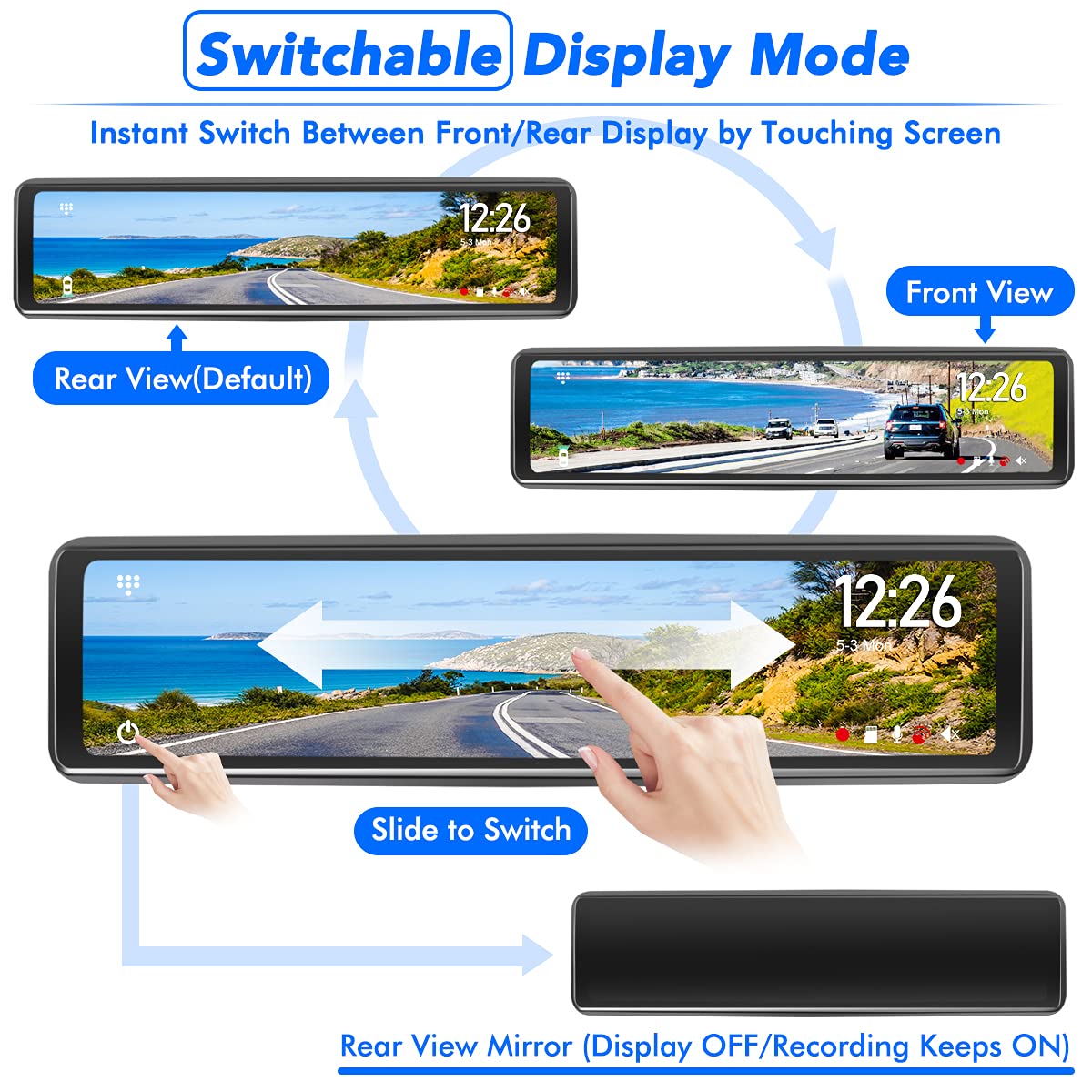 PORMIDO 2.5K Mirror Dash Cam Backup Camera 12" Large Full Touch Screen Front and Rear View Camera HD Waterproof Back up Car Camera 170° Wide Angle,GPS,Starlight Night Vision,Parking Monitor,SD Card