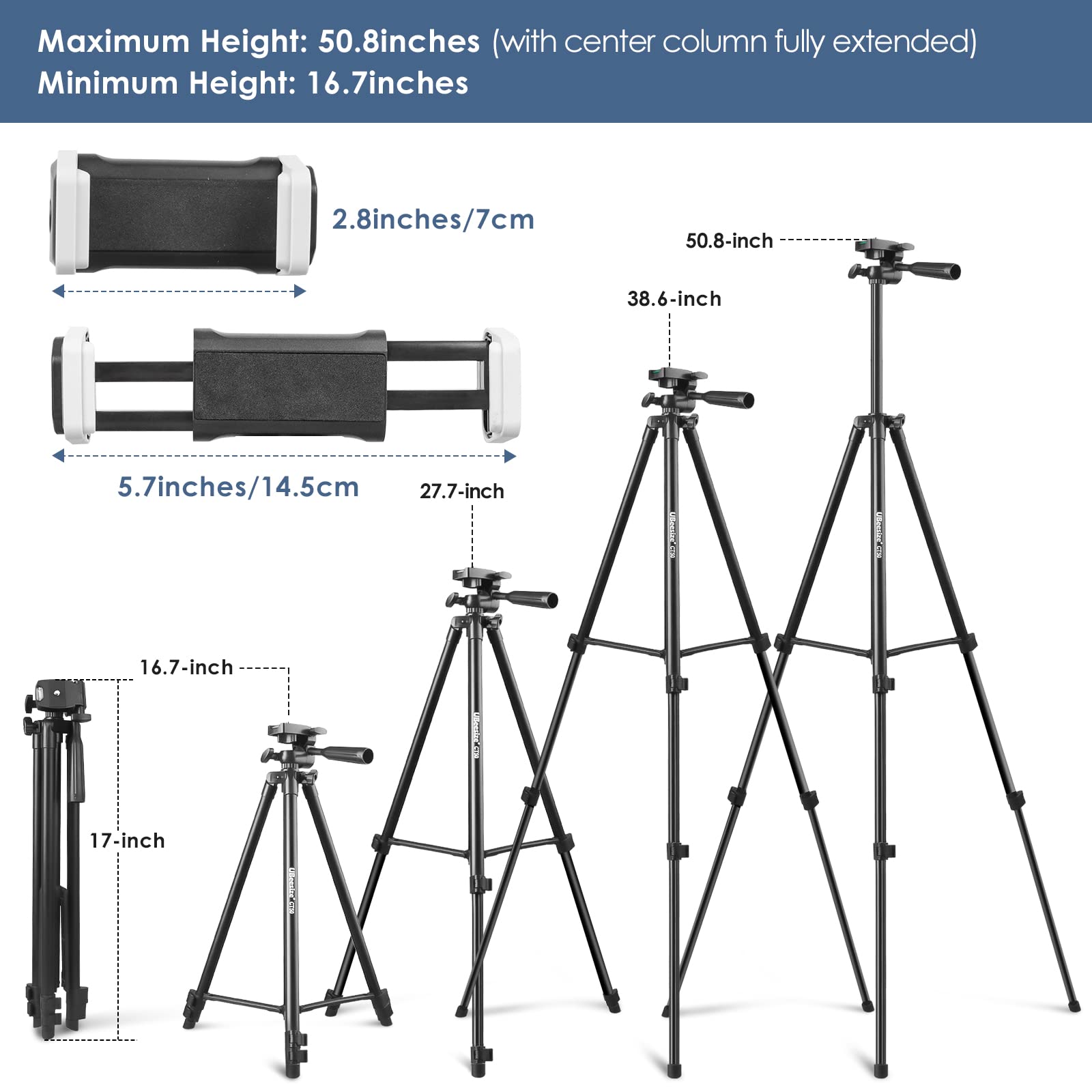 UBeesize 50-inch Lightweight Tripod for Cameras and Cell Phones, Aluminum Travel Tripod with Adjustable Phone Mount for iPhone and Android Black