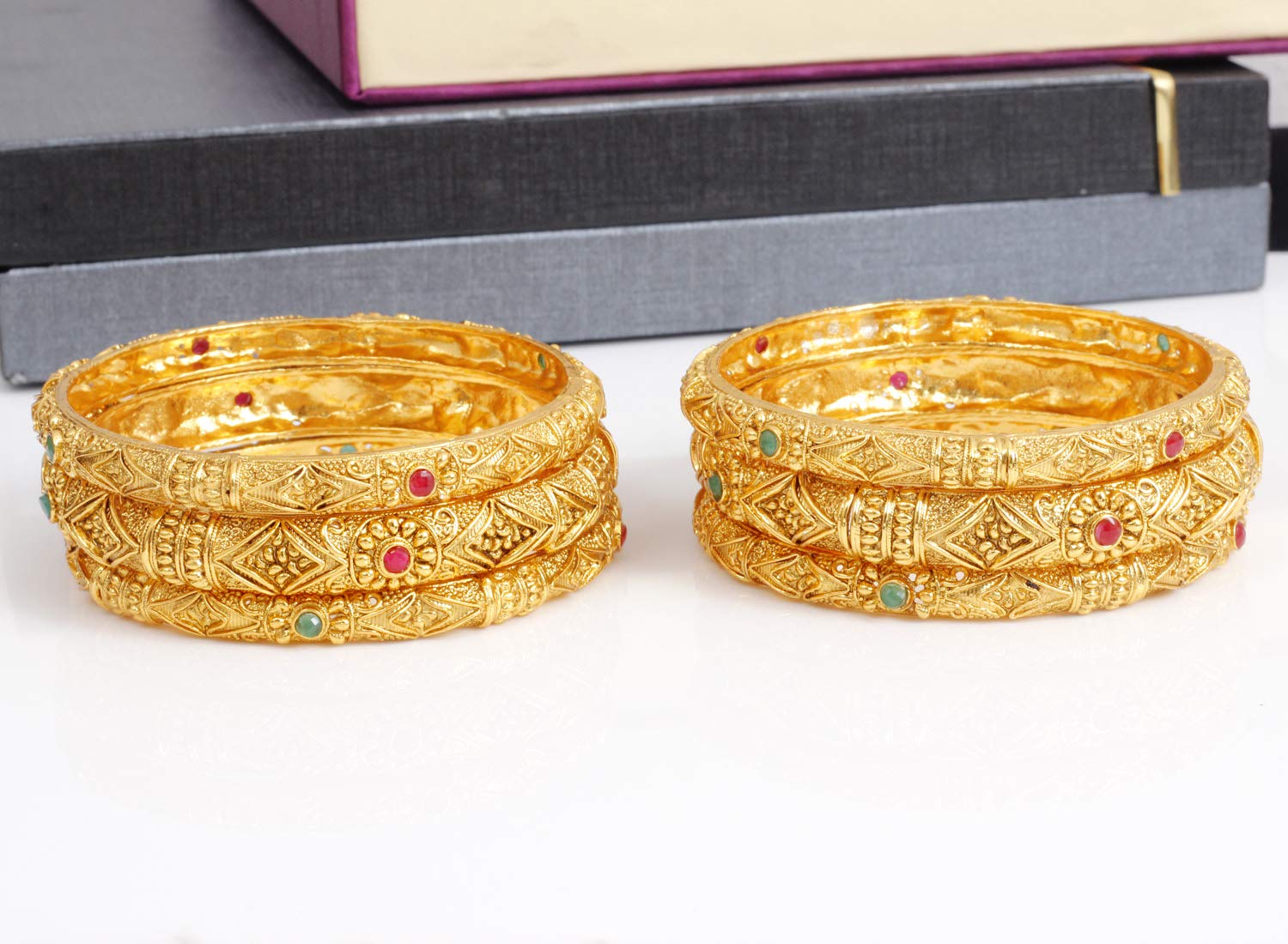 Ratna Indian Bollywood Ethnic Gold Tone Crystal Stone 6 pc Bangle Bracelet Set Traditional Bangle Set Wedding Costume Jewelry