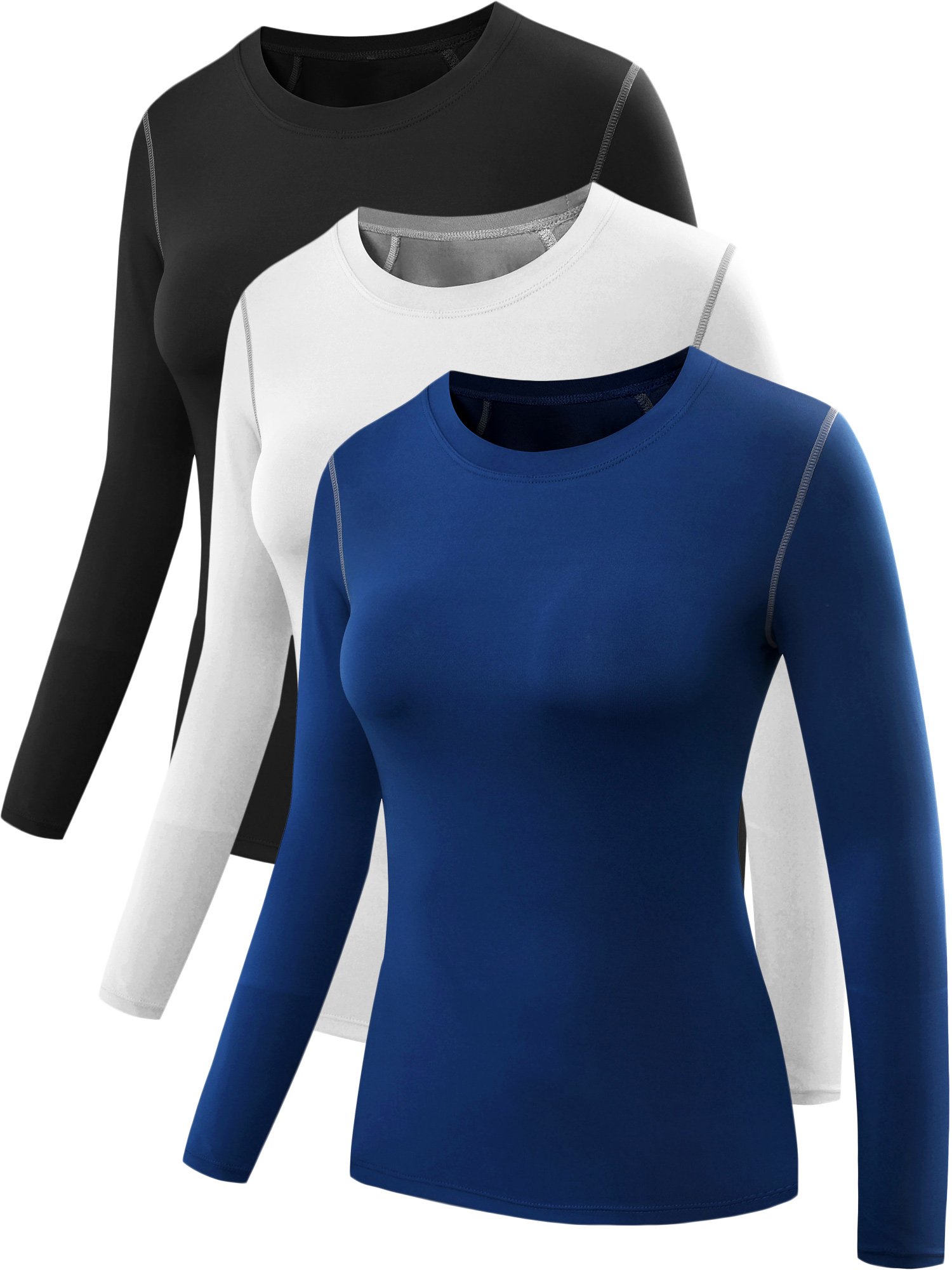 NELEUS Women's 3 Pack Dry Fit Athletic Compression Long Sleeve T Shirt,Black,Blue,White,Large