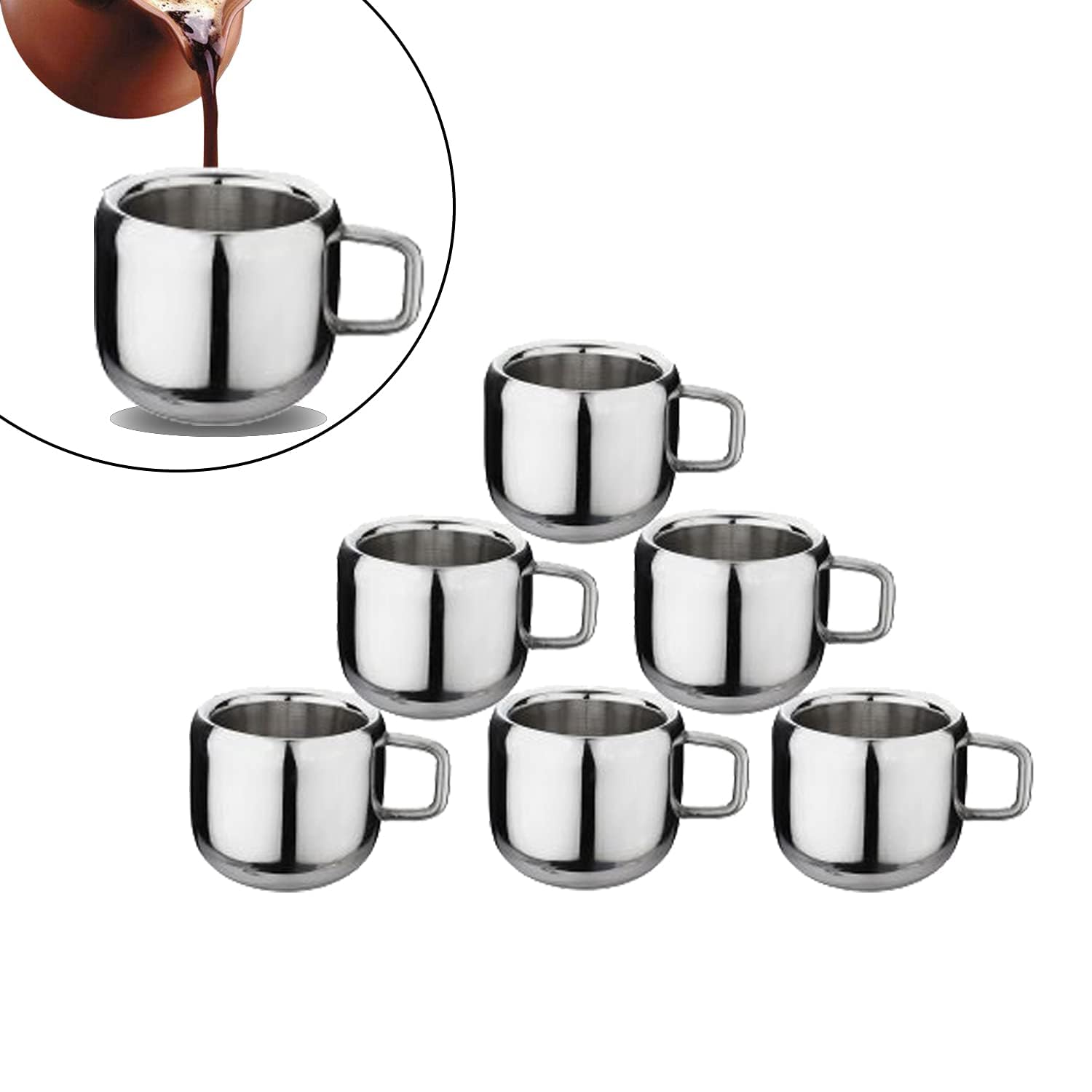 WhopperIndia Coffee Cup Espresso Cup Mug Set of 6 Double Wall Stainless Steel Tea Cups, Reusable & Dishwasher Safe